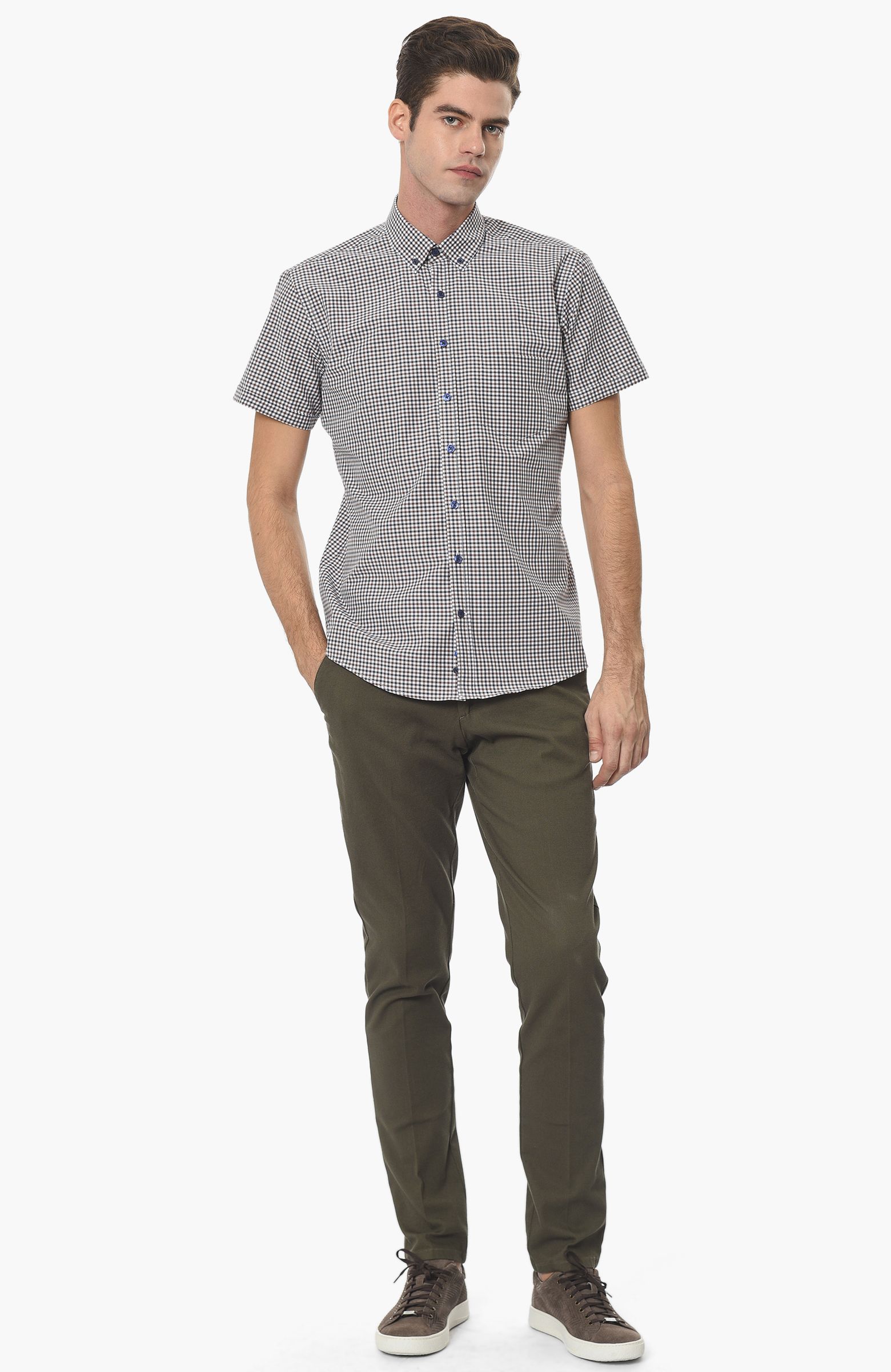 Slım Fit Kareli Lacivert-kahverengi Gömlek