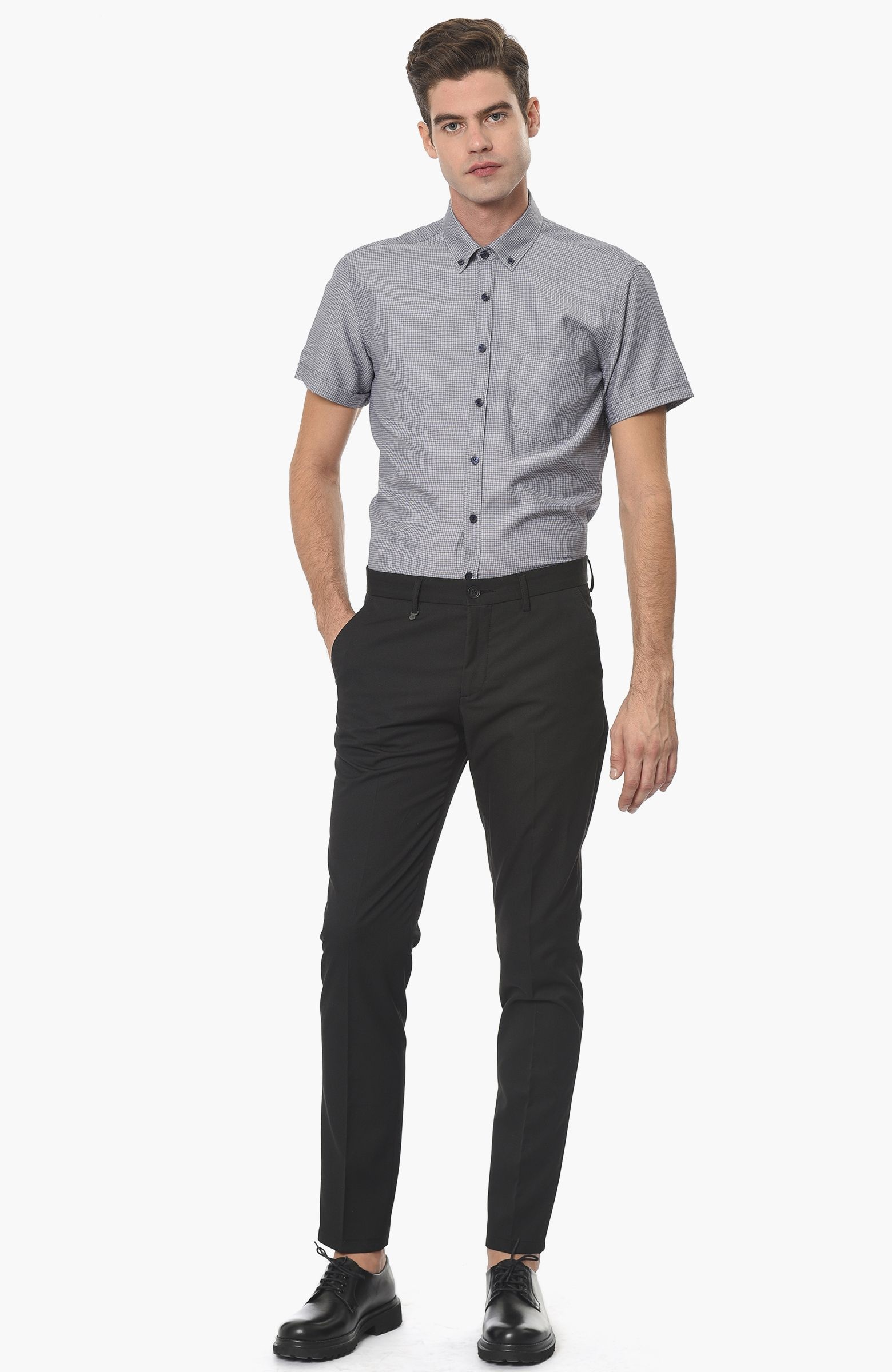 Ekose Slım Fit Lacivert-beyaz Gömlek