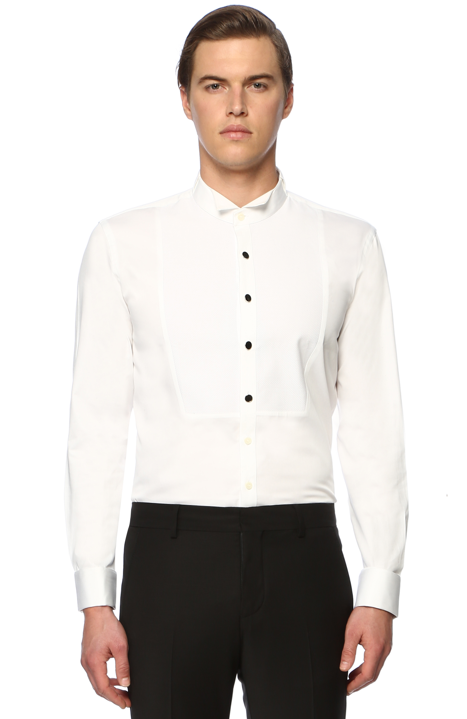 Manşetli Beyaz Slım Fit Smokin Gömlek