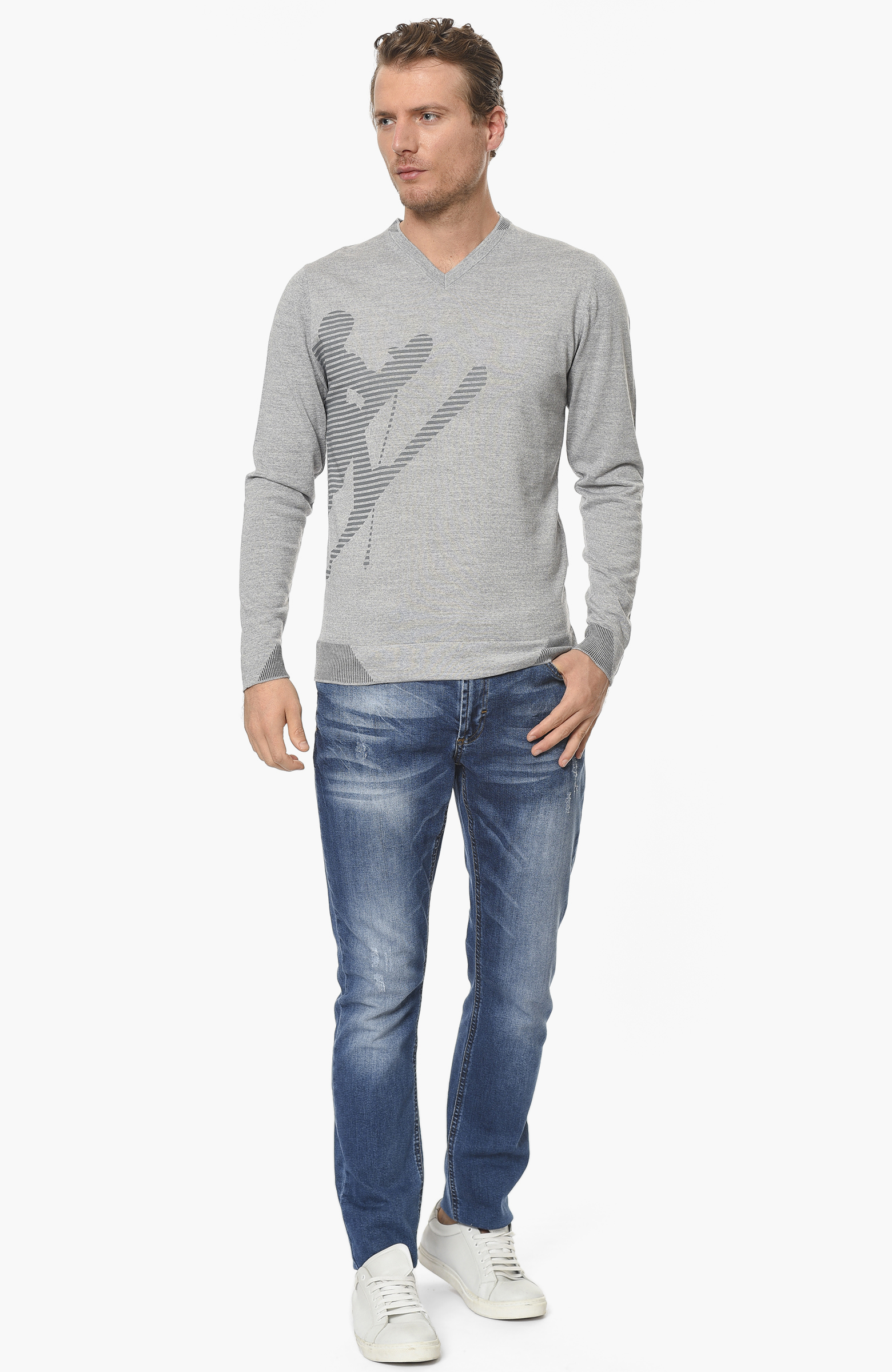 Baskılı Desen Açık Gri Kazak Baskılı Desen Açık Gri Kazak