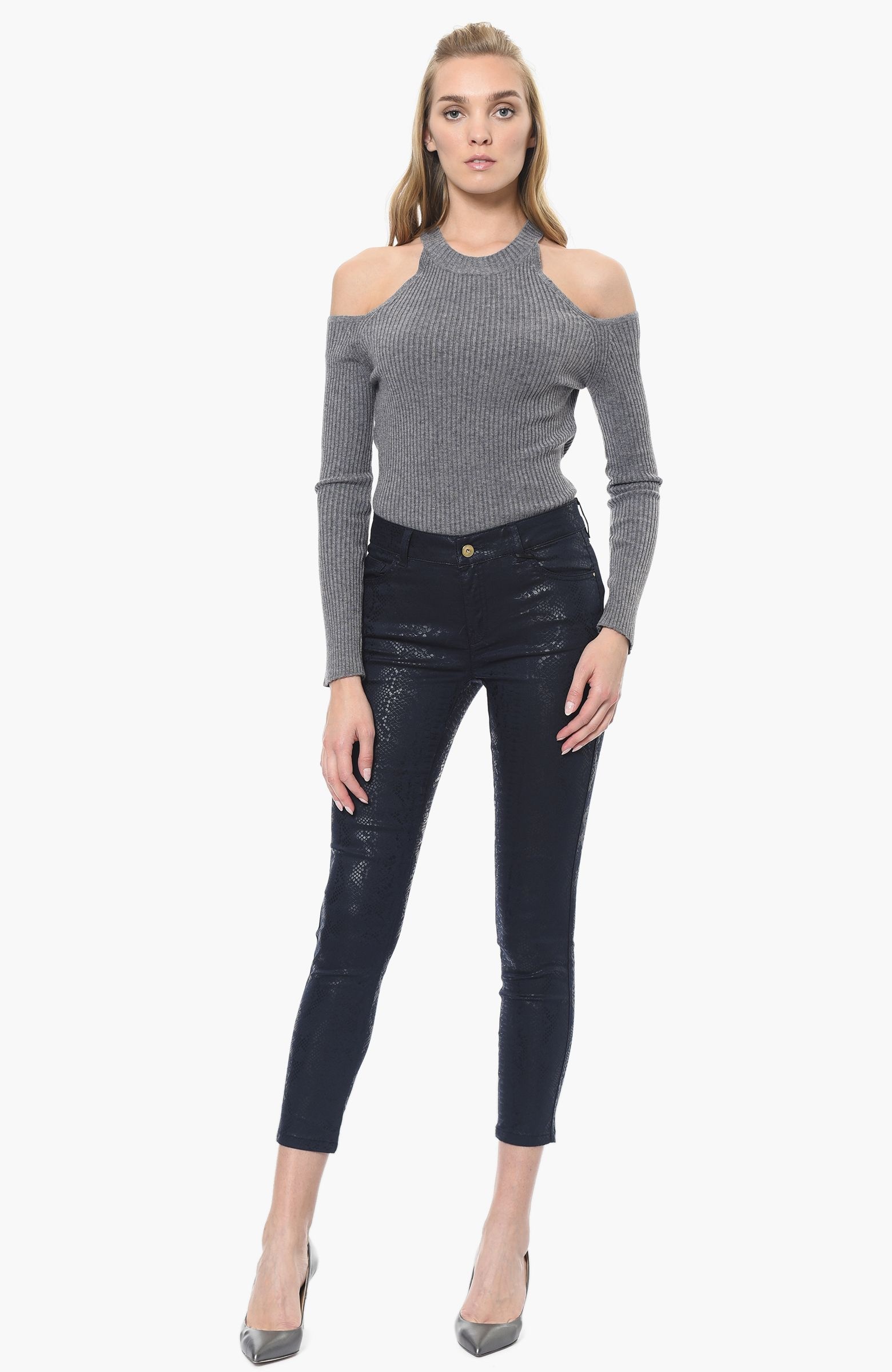 Bisiklet Yaka Gri Melanj Kazak