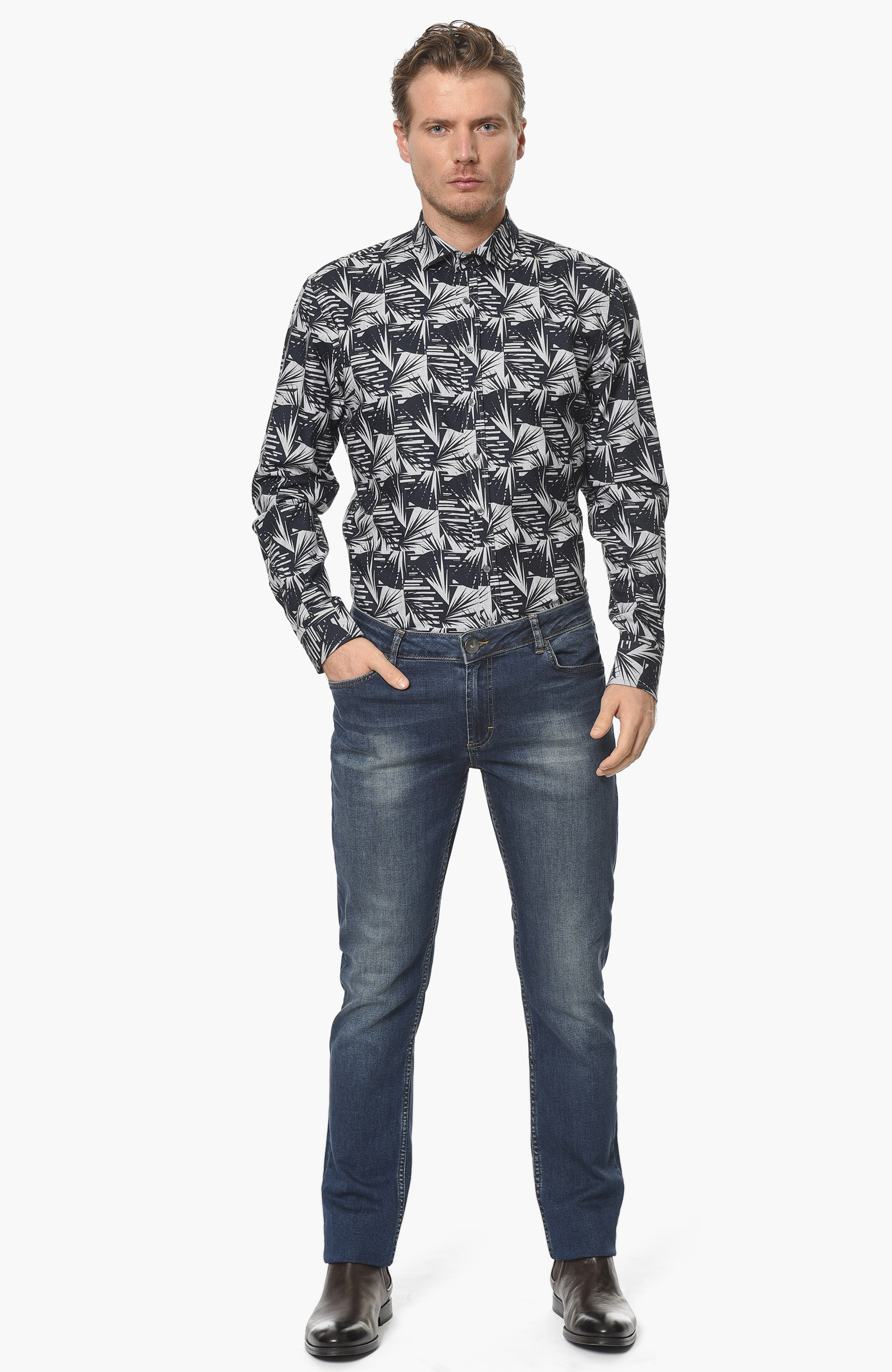 Baskılı Desen Lacivert Gömlek Baskılı Desen Lacivert Gömlek