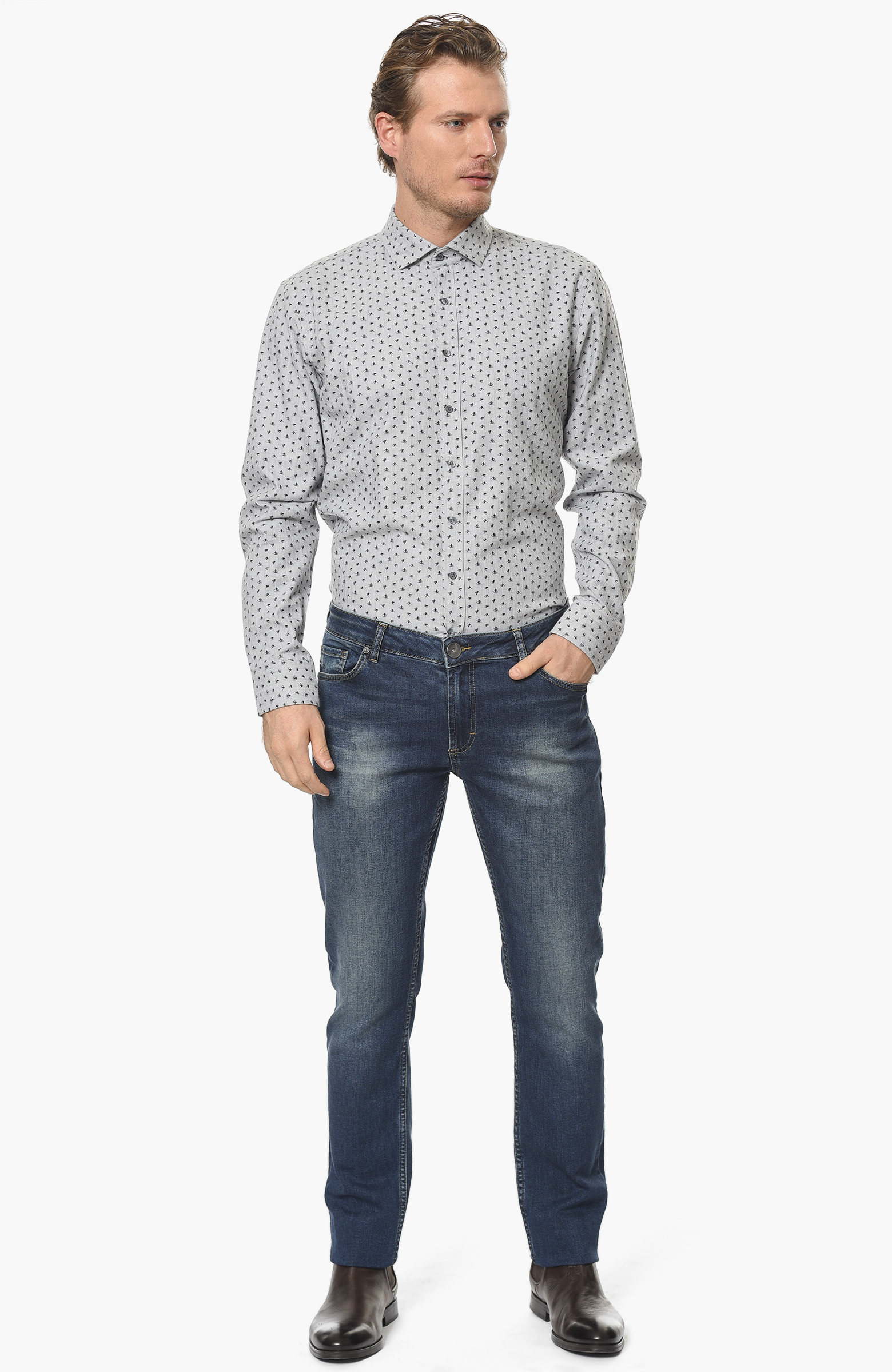 Baskılı Desen Gri Gömlek Baskılı Desen Gri Gömlek