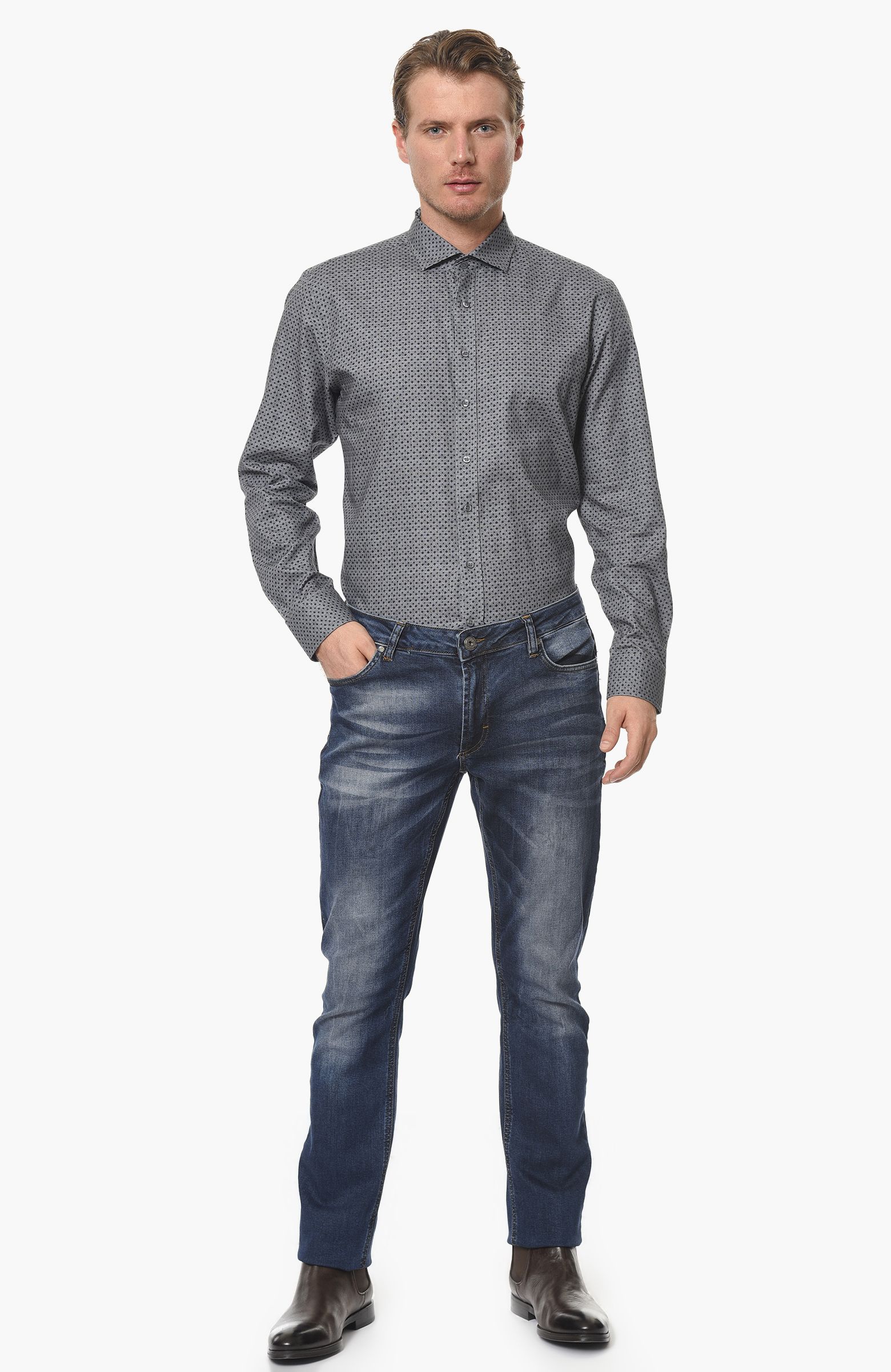 Baskılı Desen Gri Gömlek Baskılı Desen Gri Gömlek