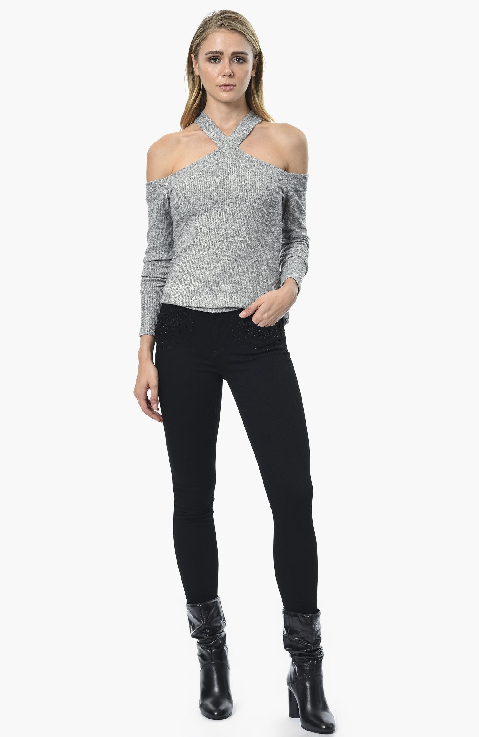 V Yaka Gri Melanj Tshirt