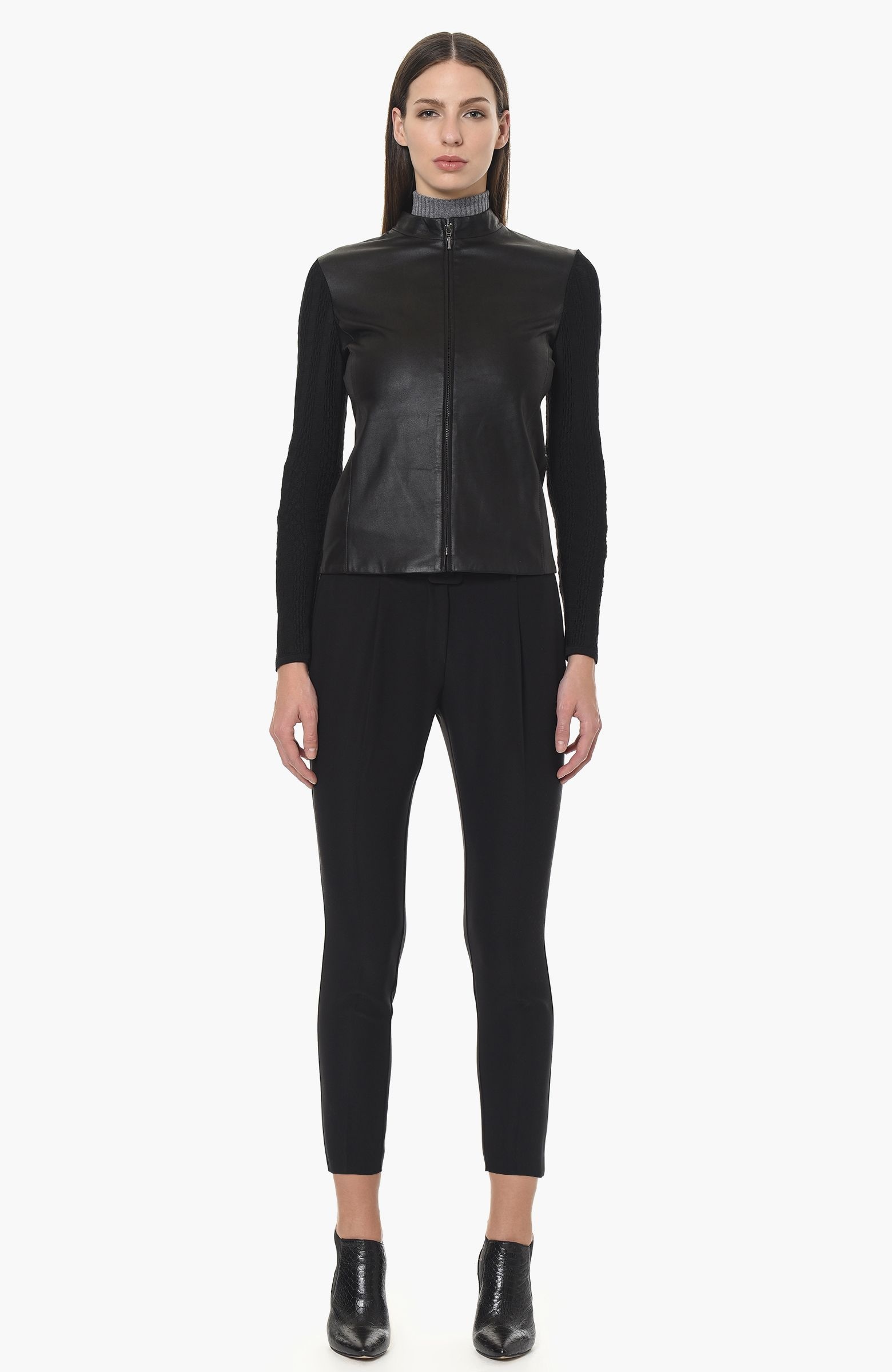 Dik Yaka Siyah Deri Mont