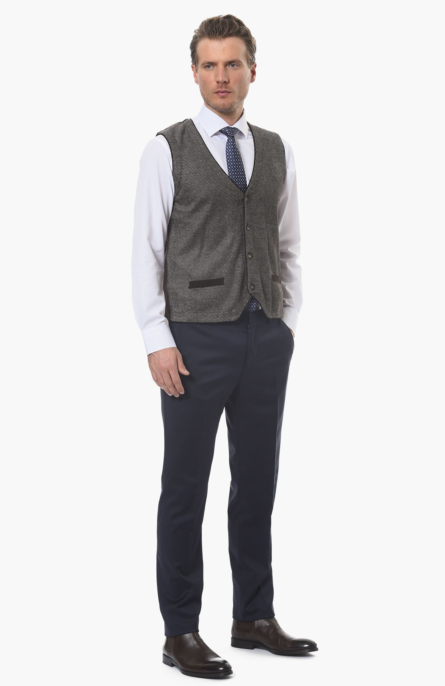 V Yaka Kahverengi Yelek