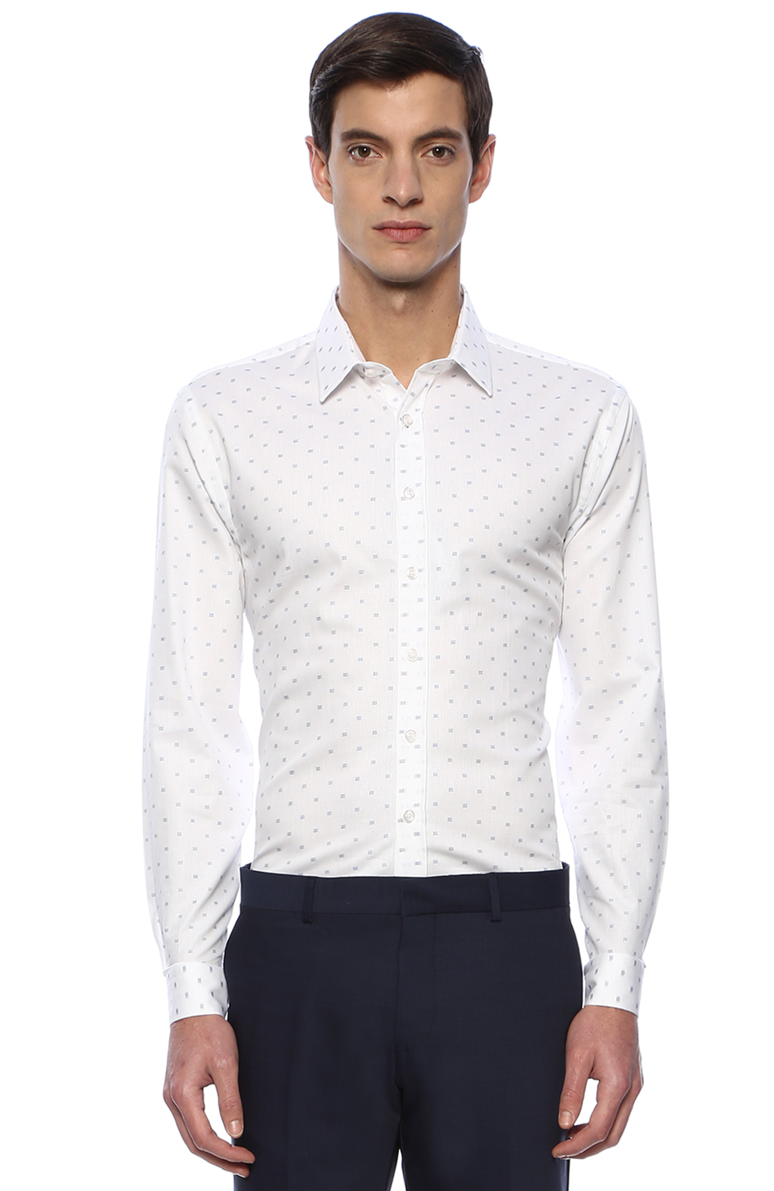 Slım Fit Beyaz Lacivert Gömlek