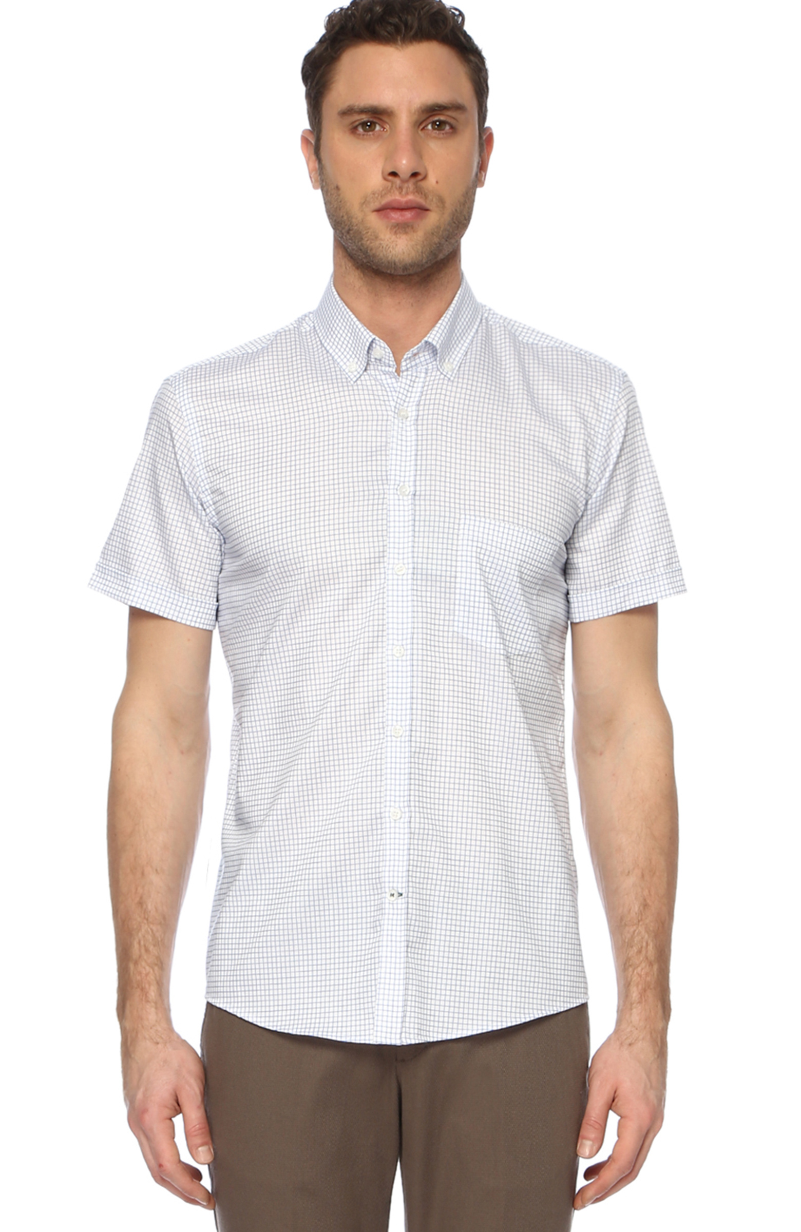 Slim Fit Kareli Beyaz Mavi Gömlek