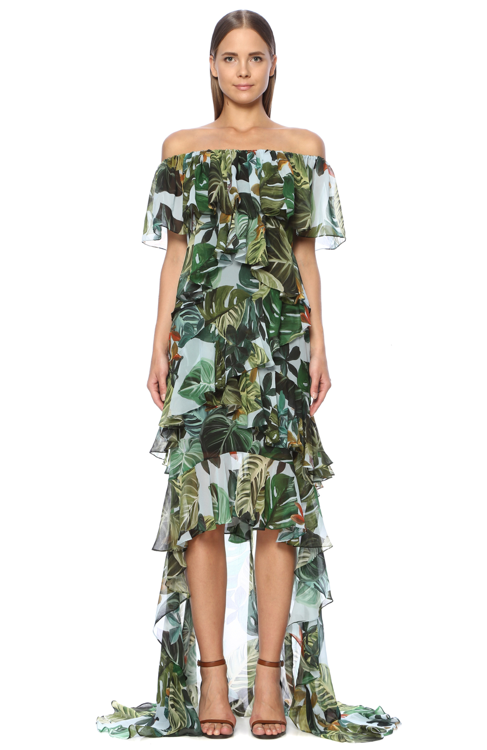 Kayık Yaka Yeşil Çiçekli Abiye Elbise