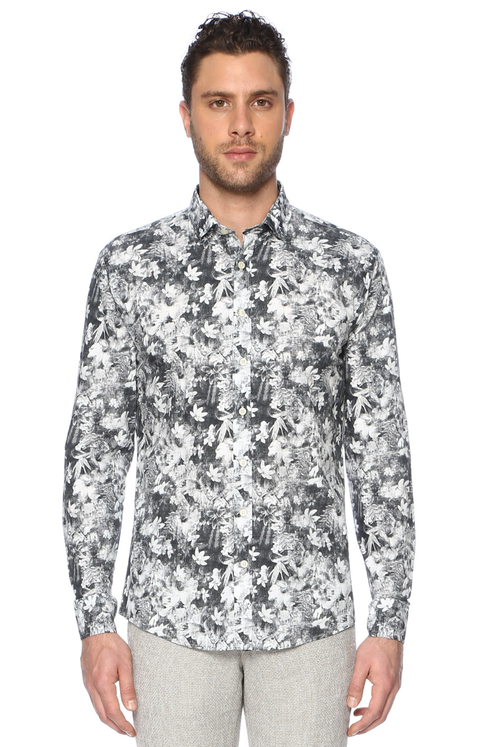 Gri Beyaz Baskılı Gömlek