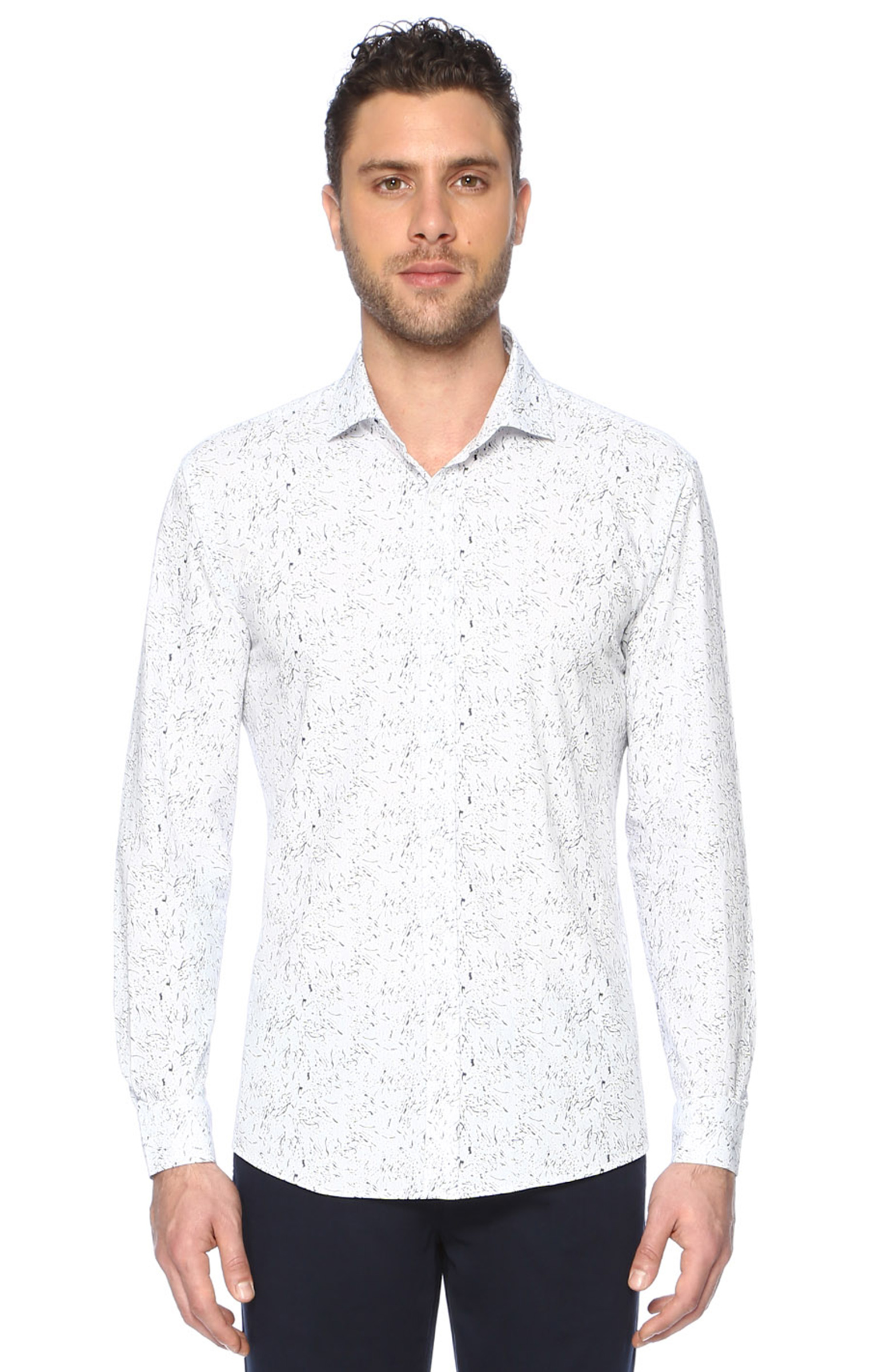 Beyaz Lacivert Baskılı Gömlek