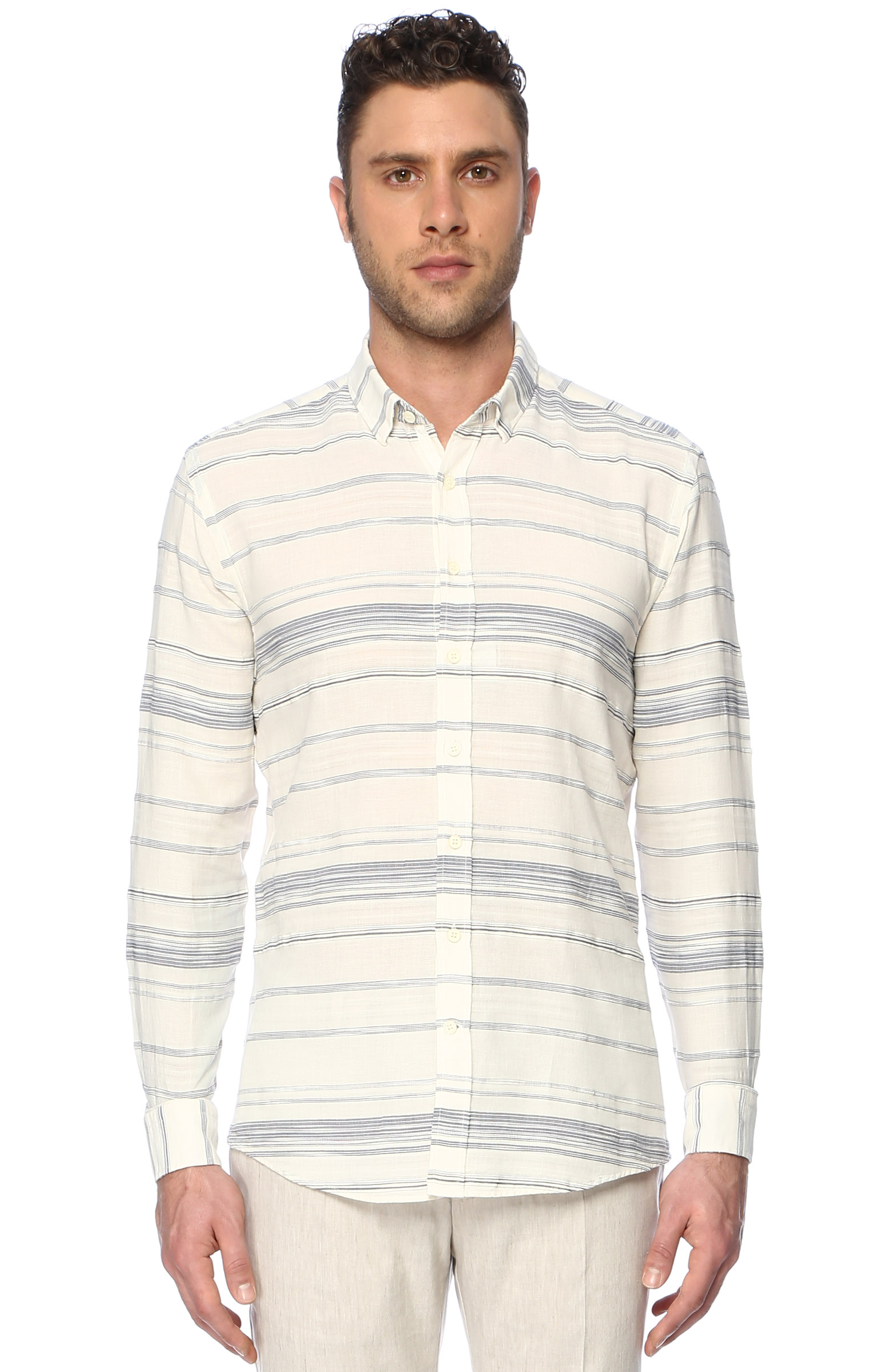 Çizgili Ekru Gömlek