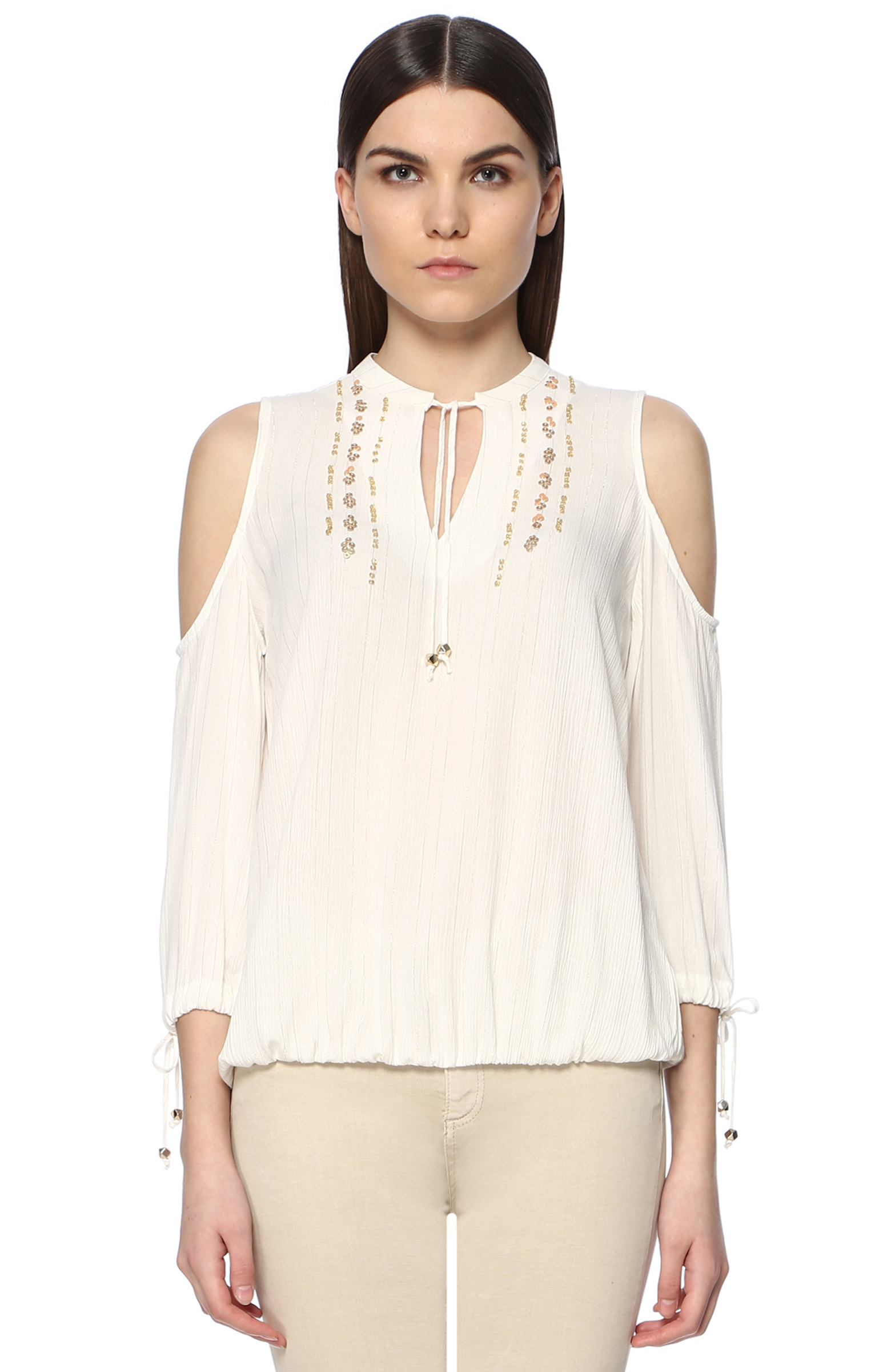 Çizgili Truvakar Kol Ekru Bluz