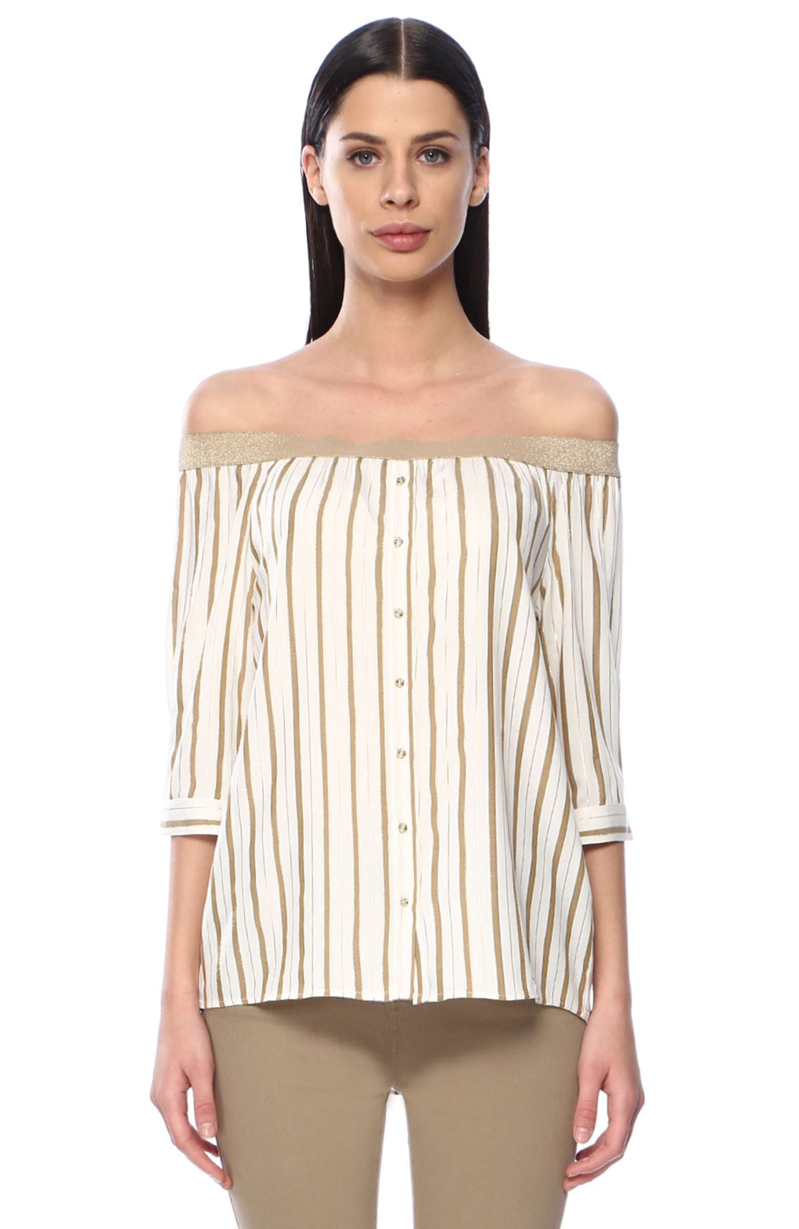 Çizgili Straplez Yağ Yeşili Bluz