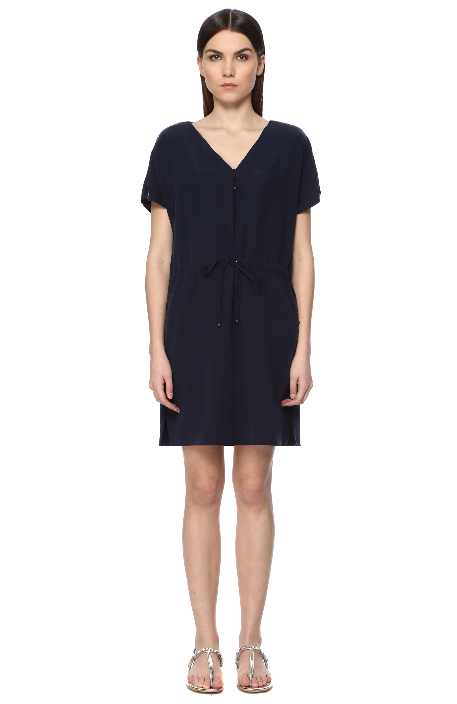 V Yaka Lacivert Elbise