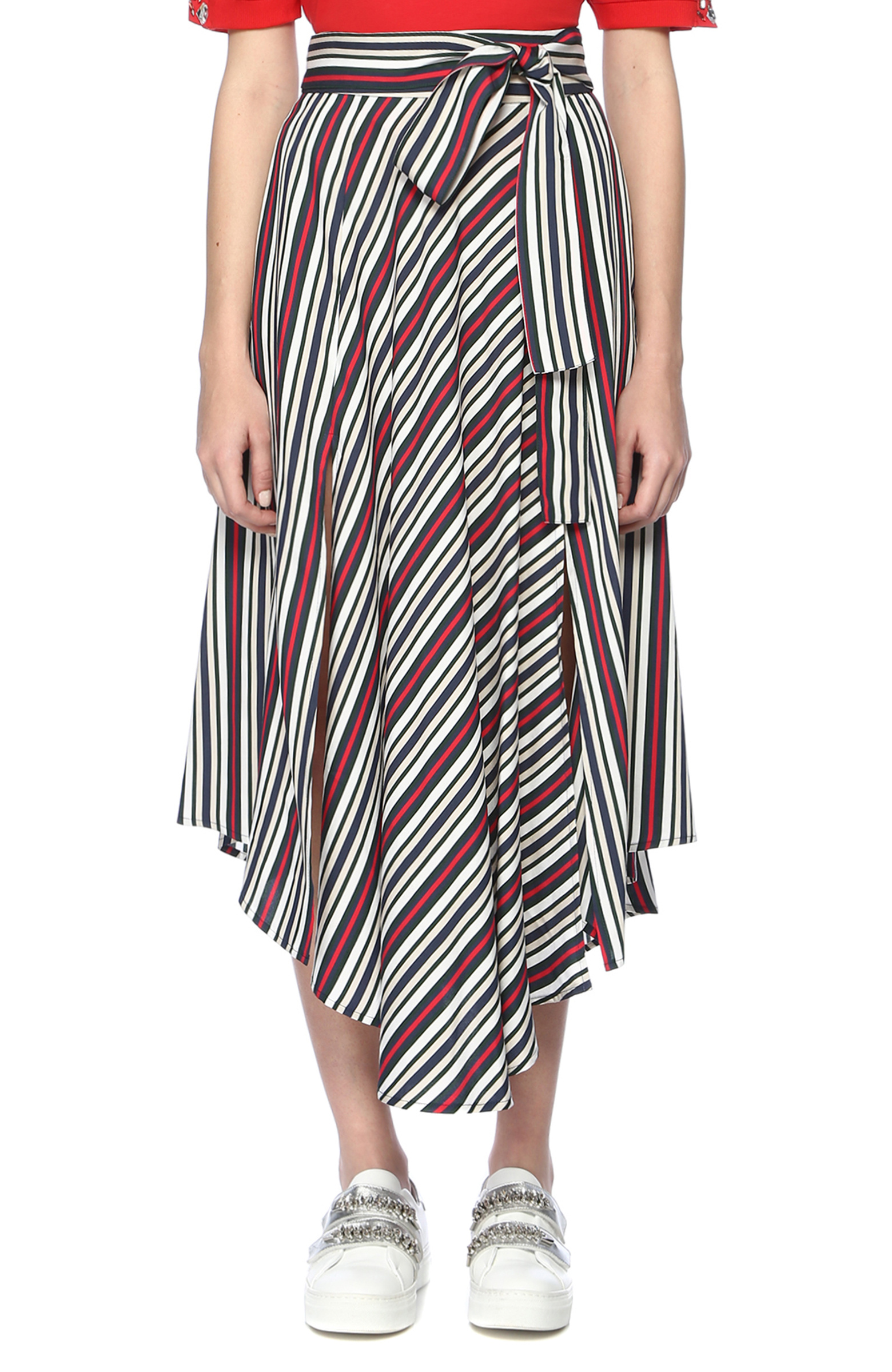 Önü Yırtmaçlı Lacivert-Kırmızı Çizgili Etek