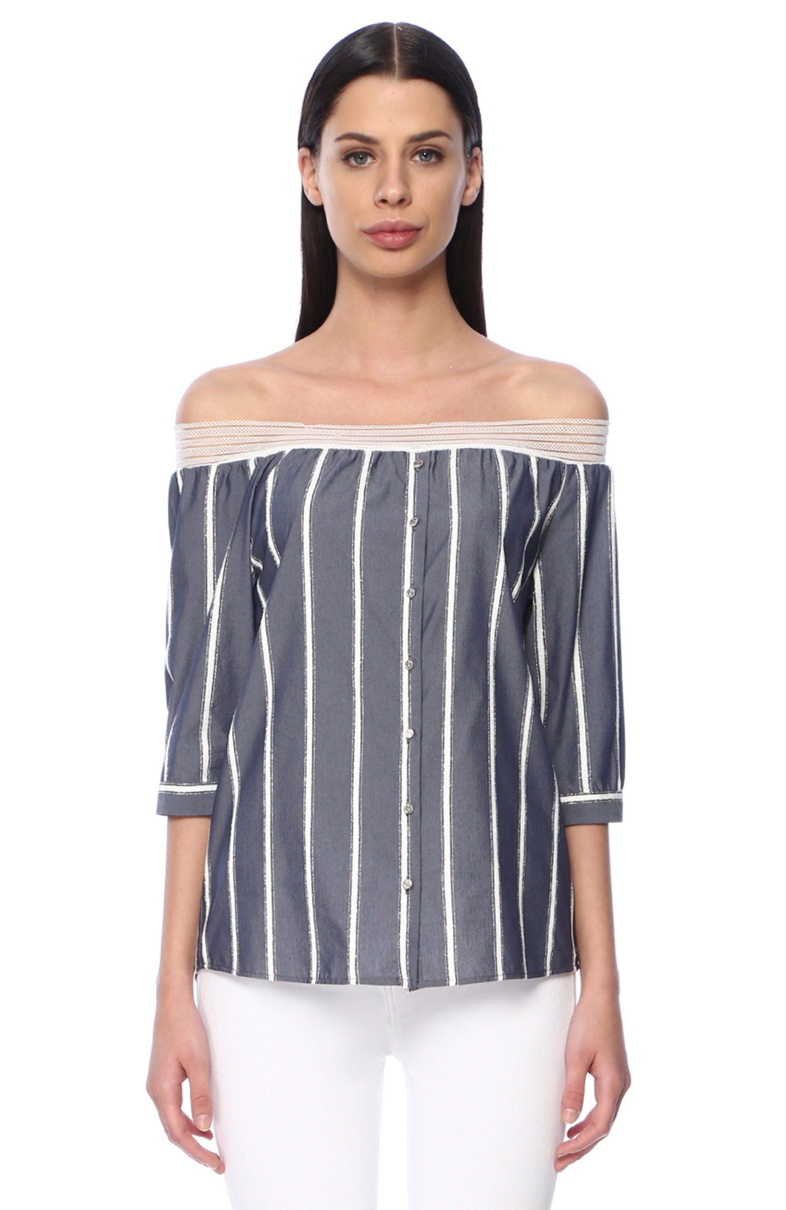 Çizgili Straplez Lacivert-Beyaz Bluz