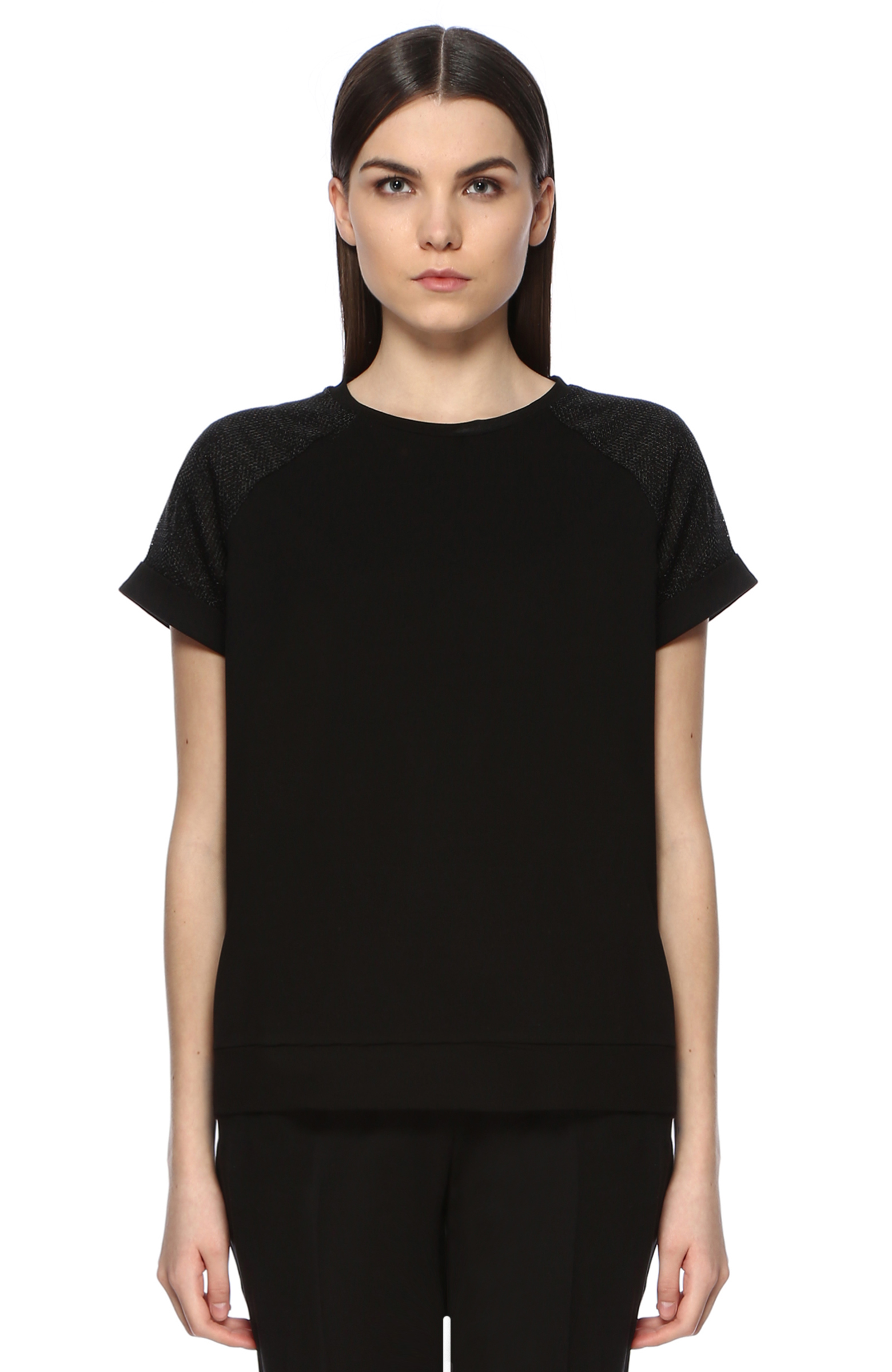 Bisiklet Yaka Omuzu Detaylı Siyah Sweatshirt