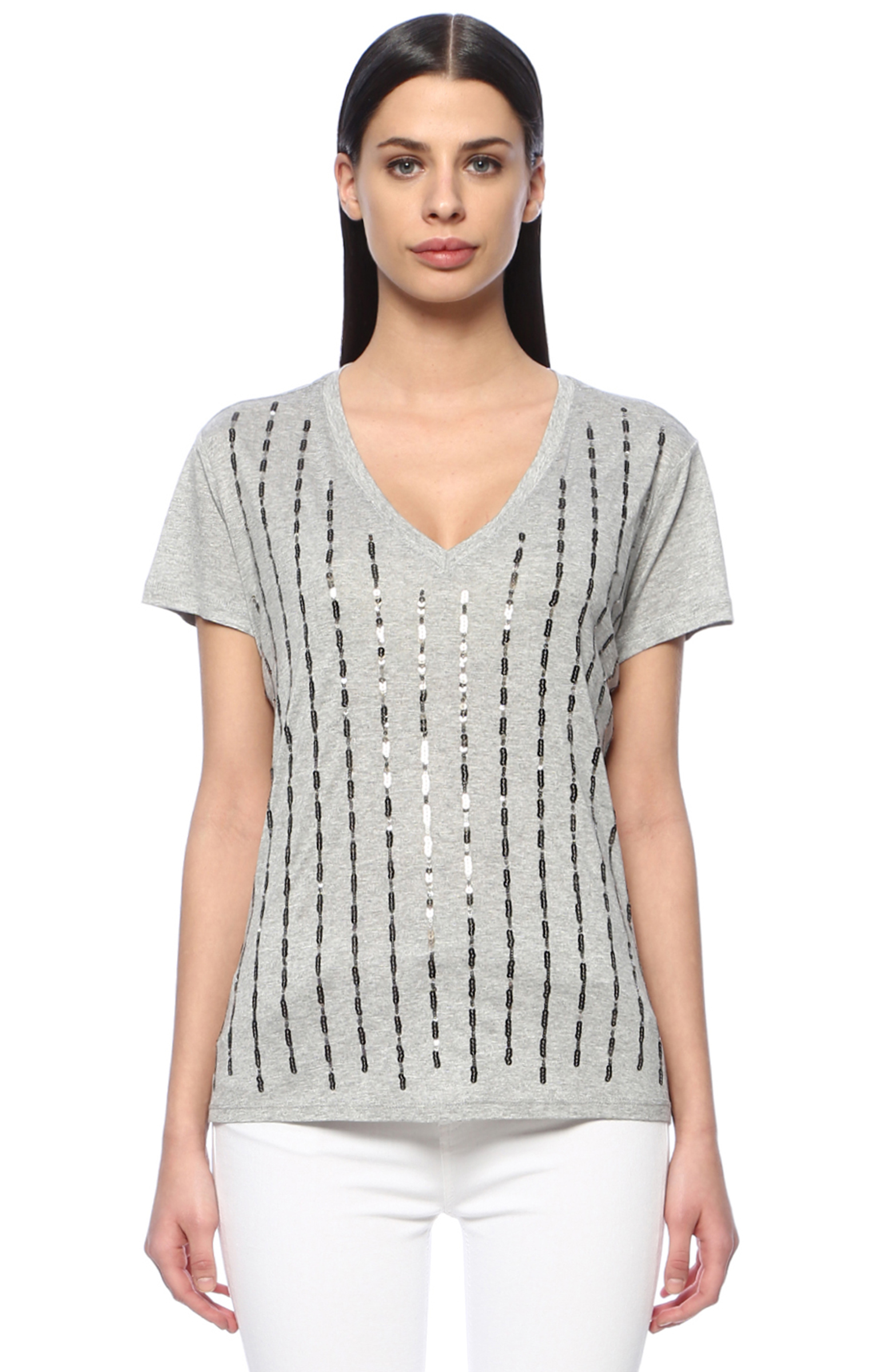 V Yaka Payet Desenli Gri Melanj Tshirt