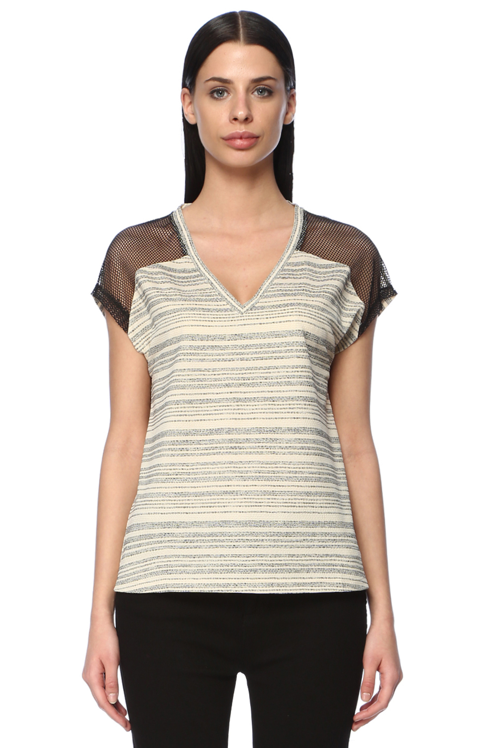 V Yaka Siyah Bej Tshirt