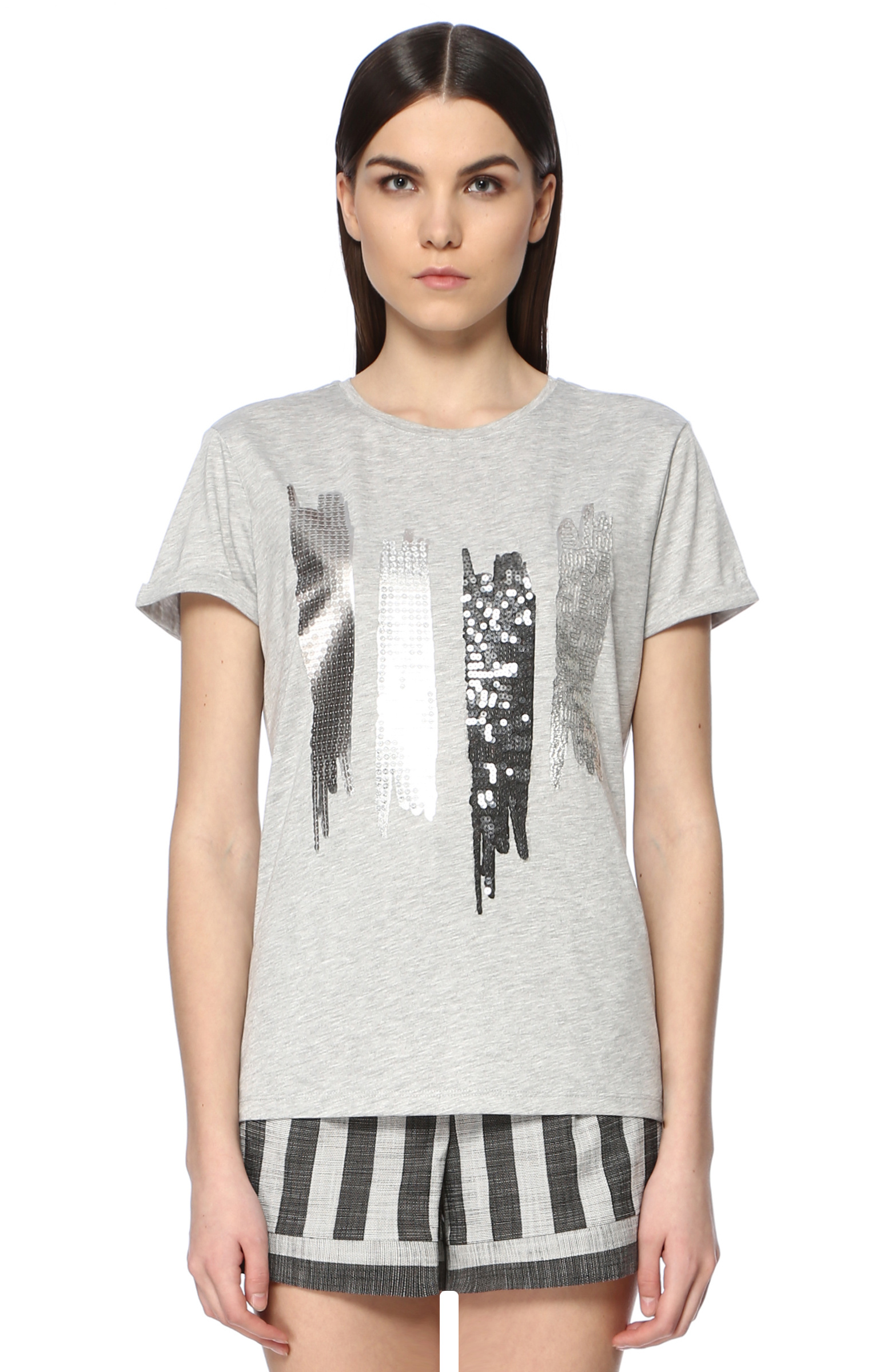 Önü Payetli Bisiklet Yaka Gri Melanj Tshirt