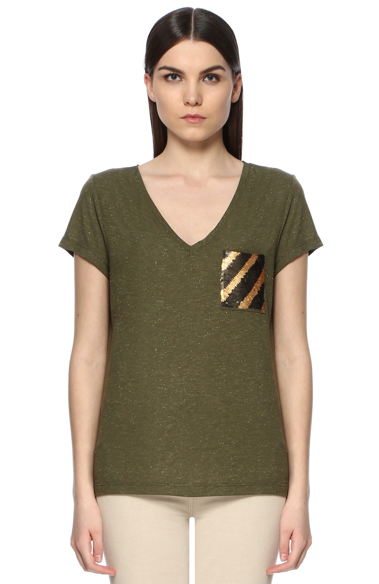 V Yaka Cebi Payetli Haki Tshirt