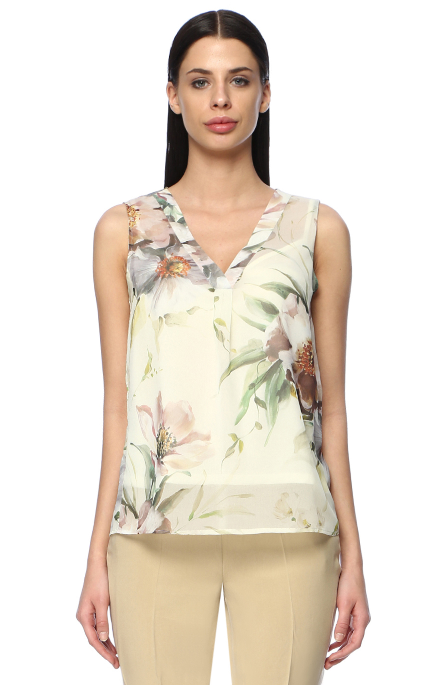 V Yaka Ekru Desen Bluz V Yaka Ekru Desen Bluz