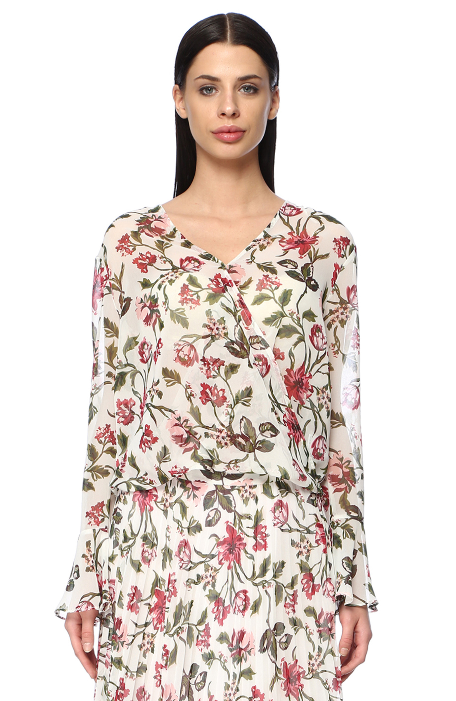 V Yaka Ekru Desen Bluz