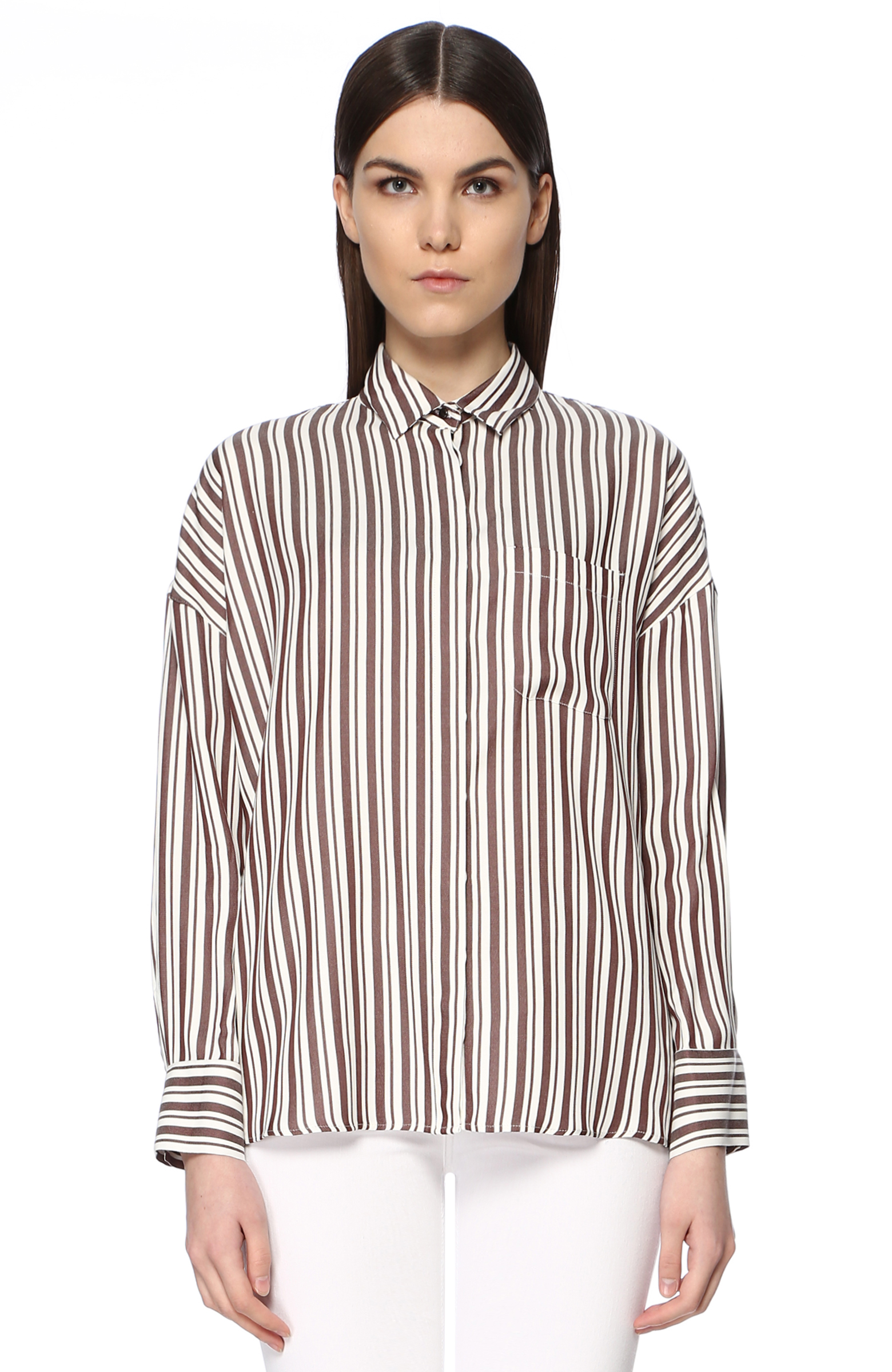 Çizgili Ekru Kahverengi Gömlek