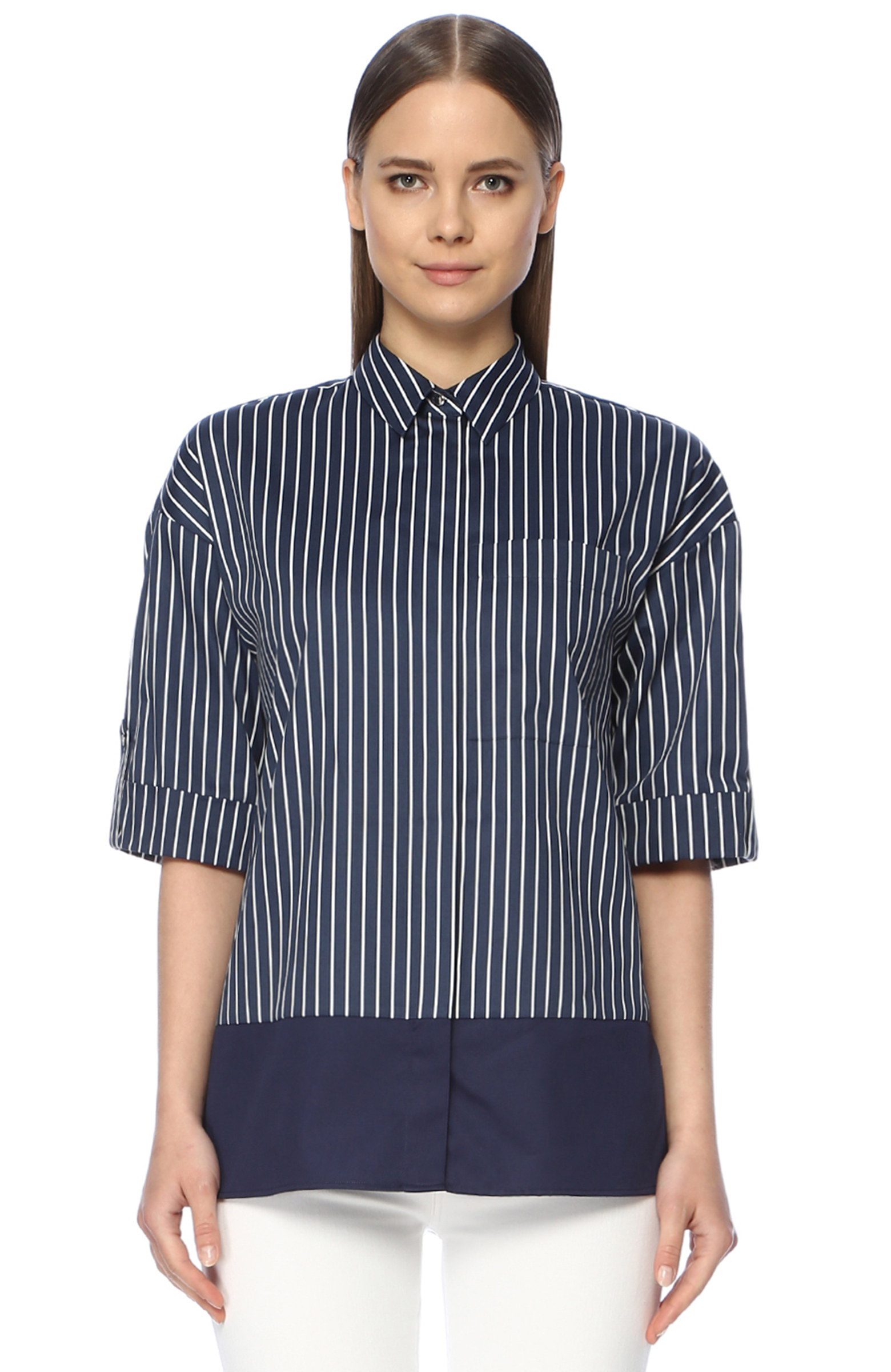 Çizgili Lacivert-Beyaz Gömlek