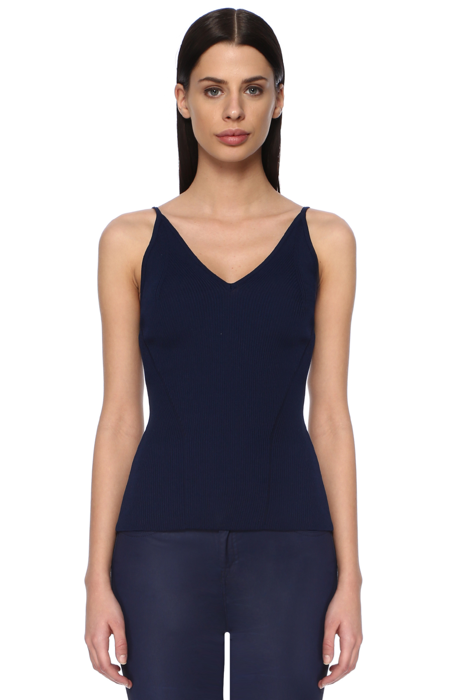 V Yaka Askılı Lacivert Kazak