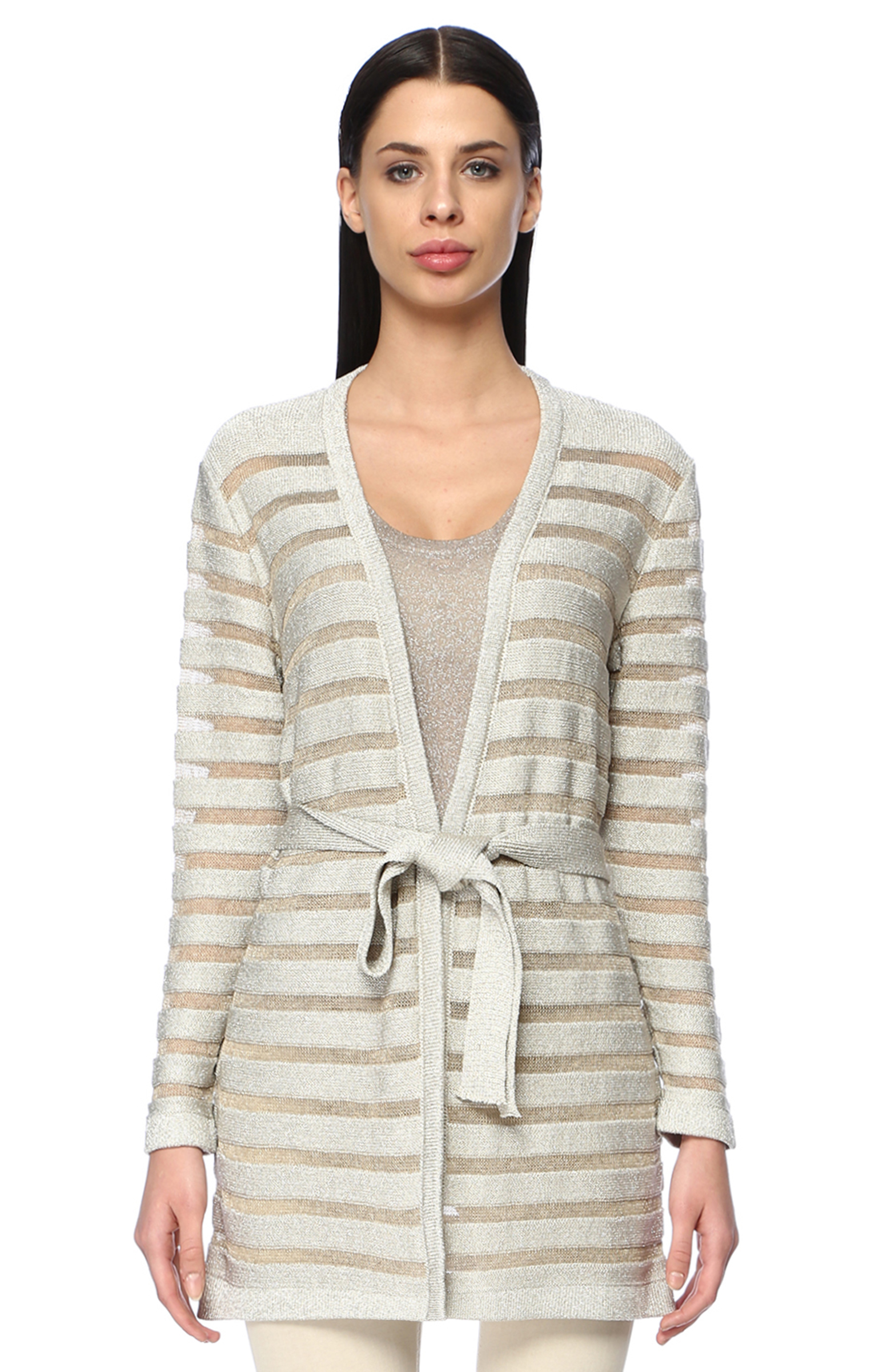 Enine Örgü Detaylı Hırka Bej