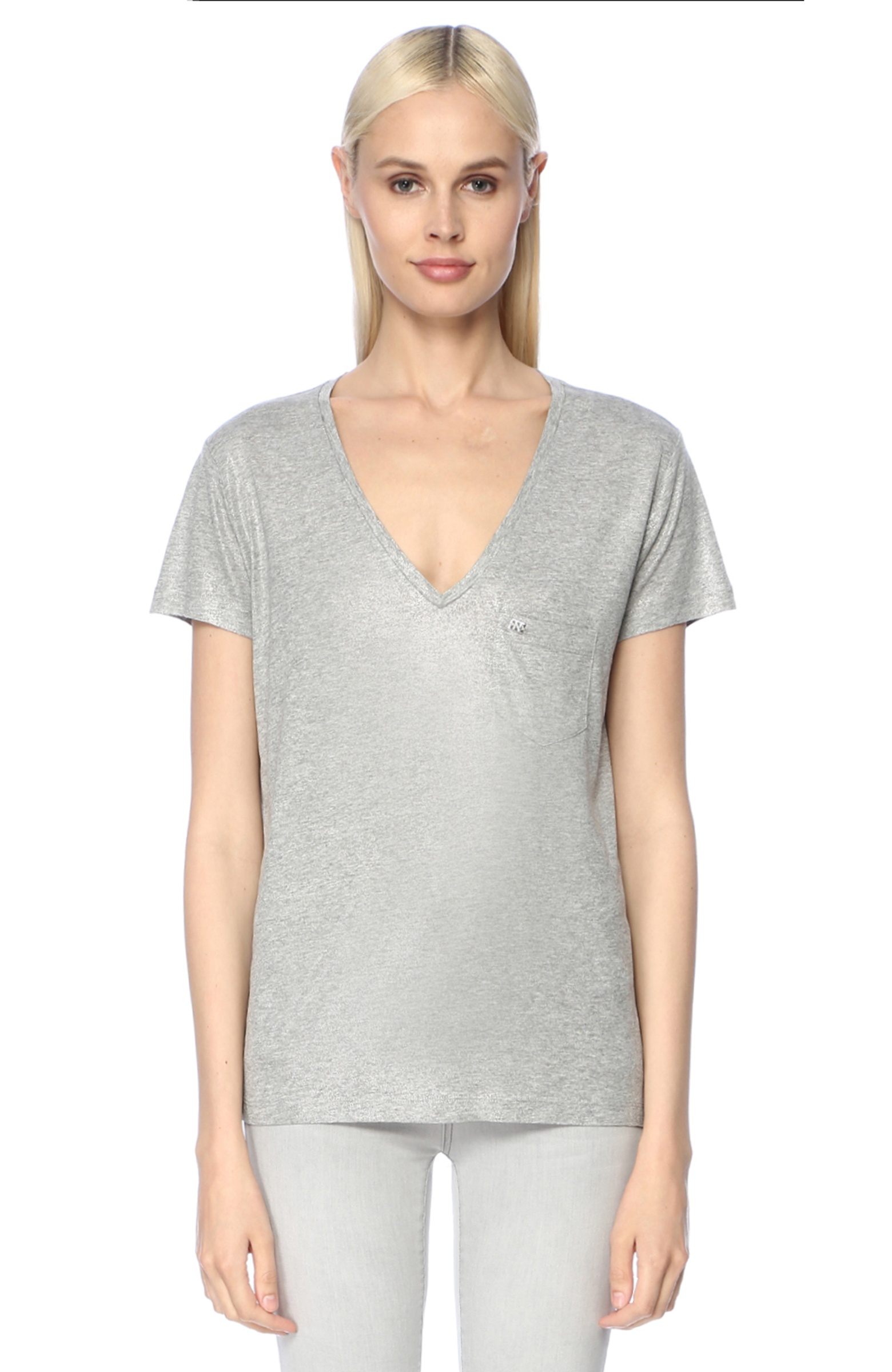 V Yaka Gri Melanj Tshirt