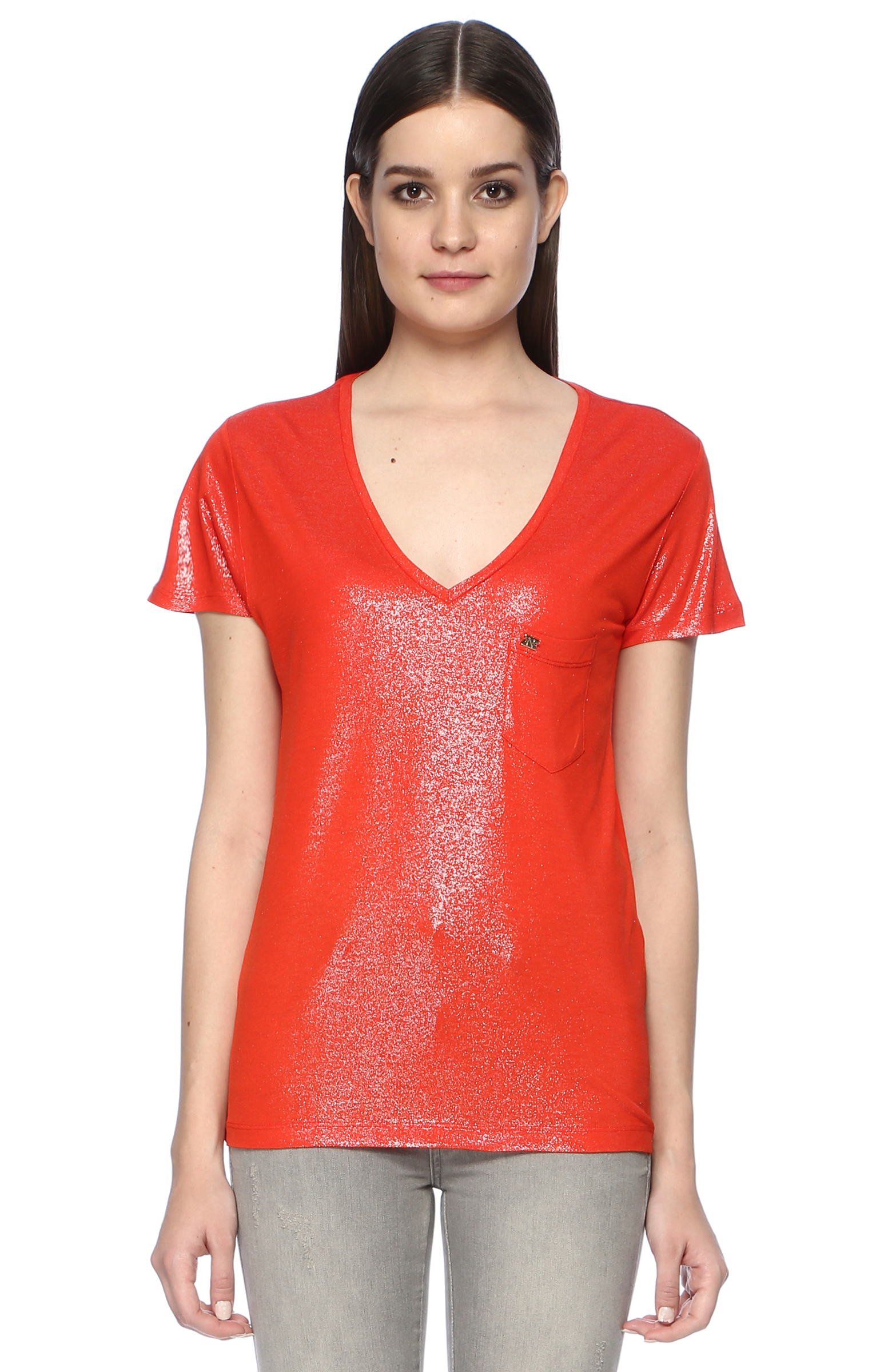 V Yaka Nar Çiçeği Tshirt