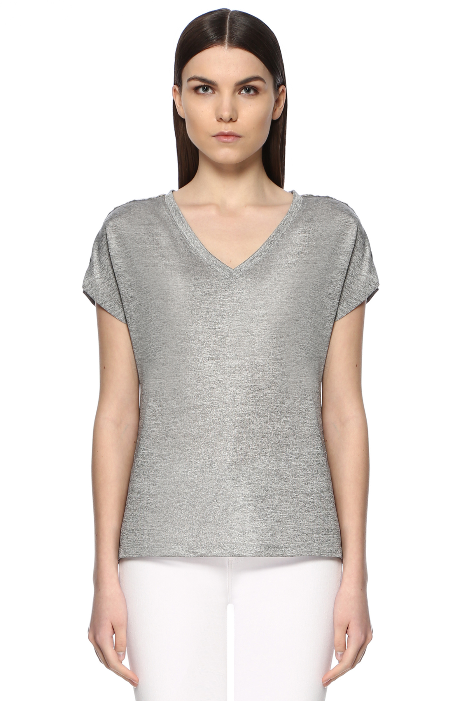 V Yaka Gri Melanj Tshirt