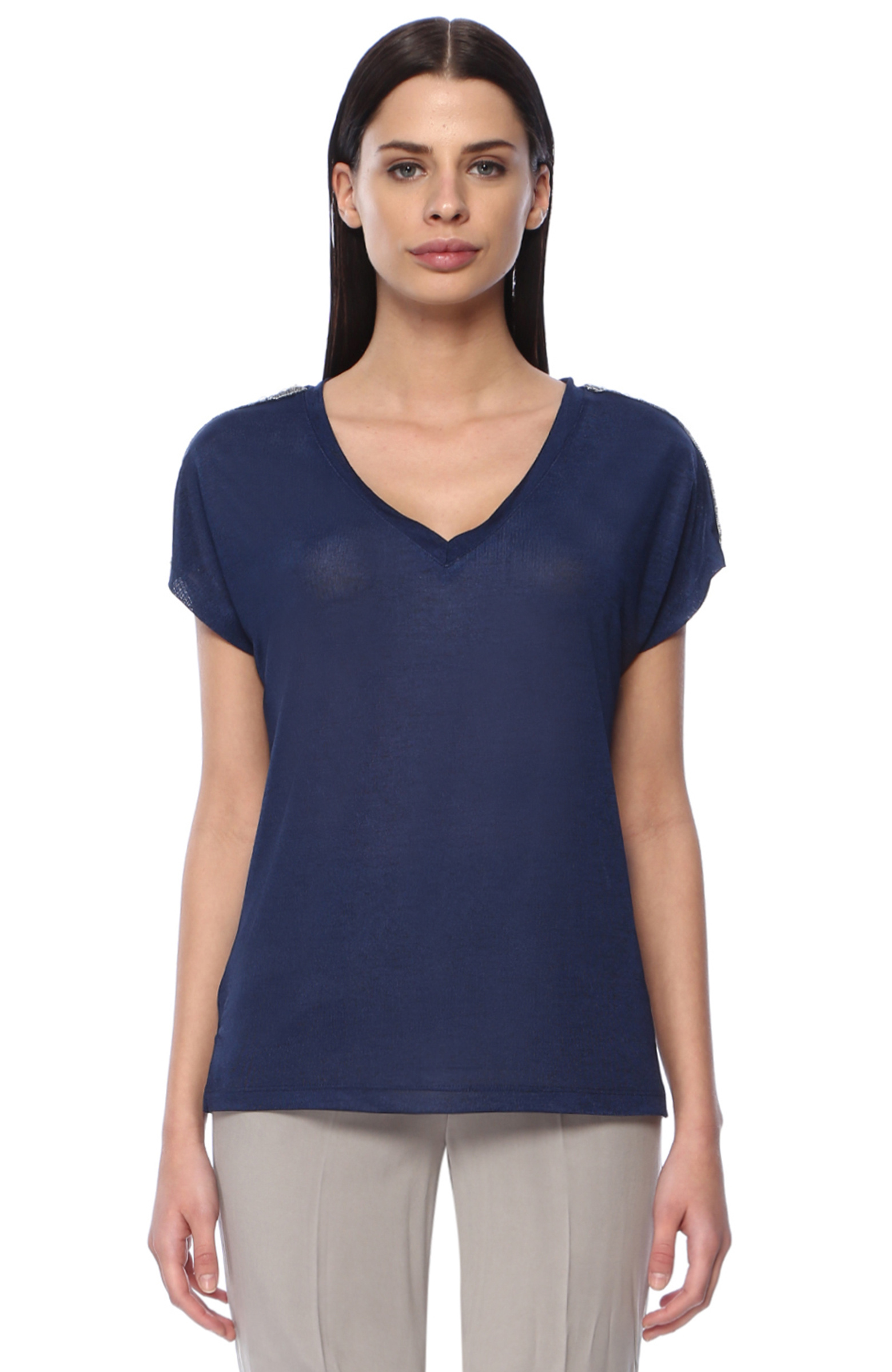 V Yaka Lacivert Tshirt