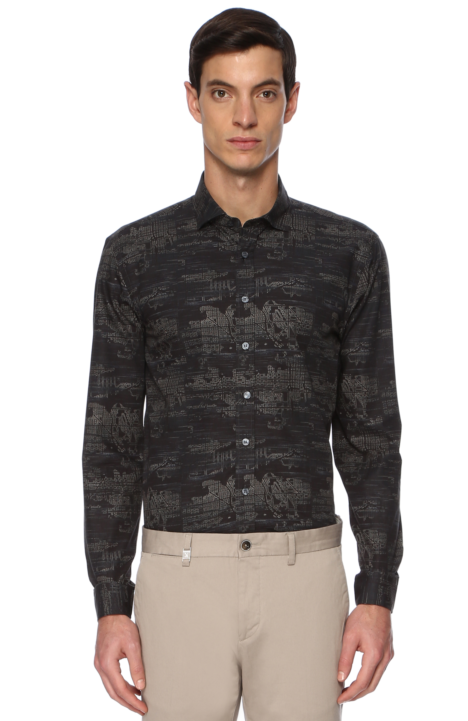 Antrasit Baskılı İtalyan Yaka Gömlek