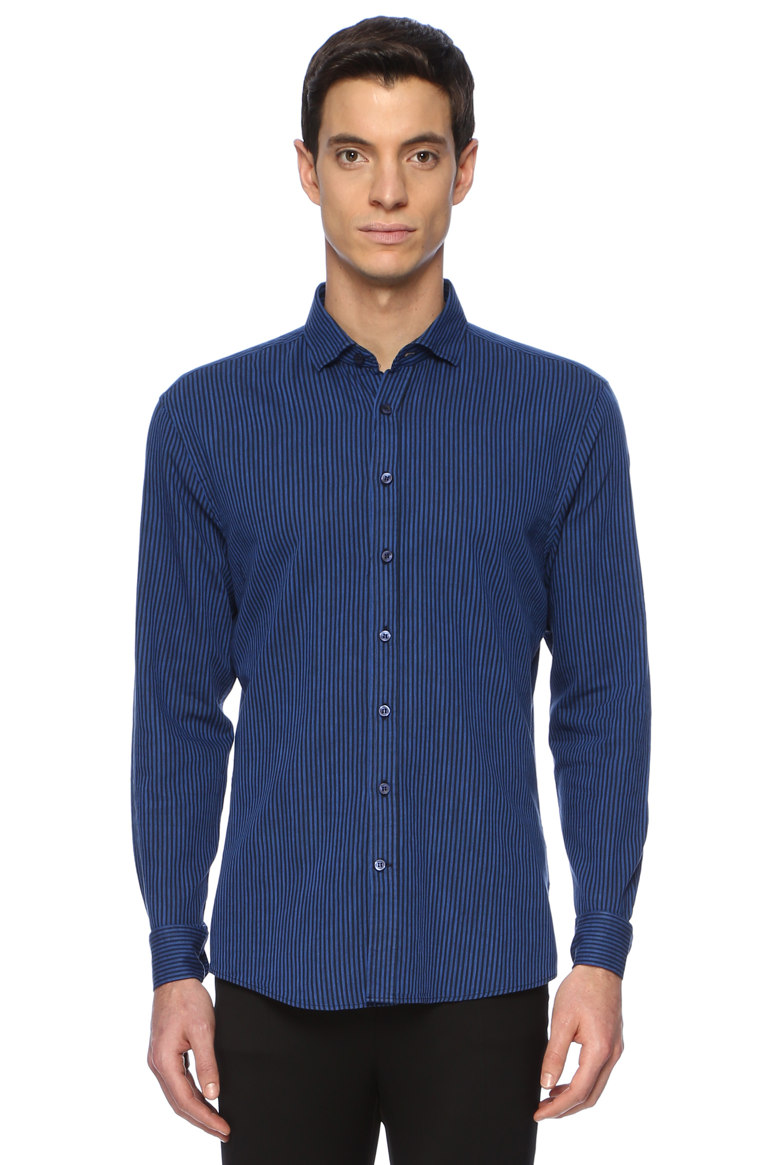 Çizgili Lacivert Saks Gömlek