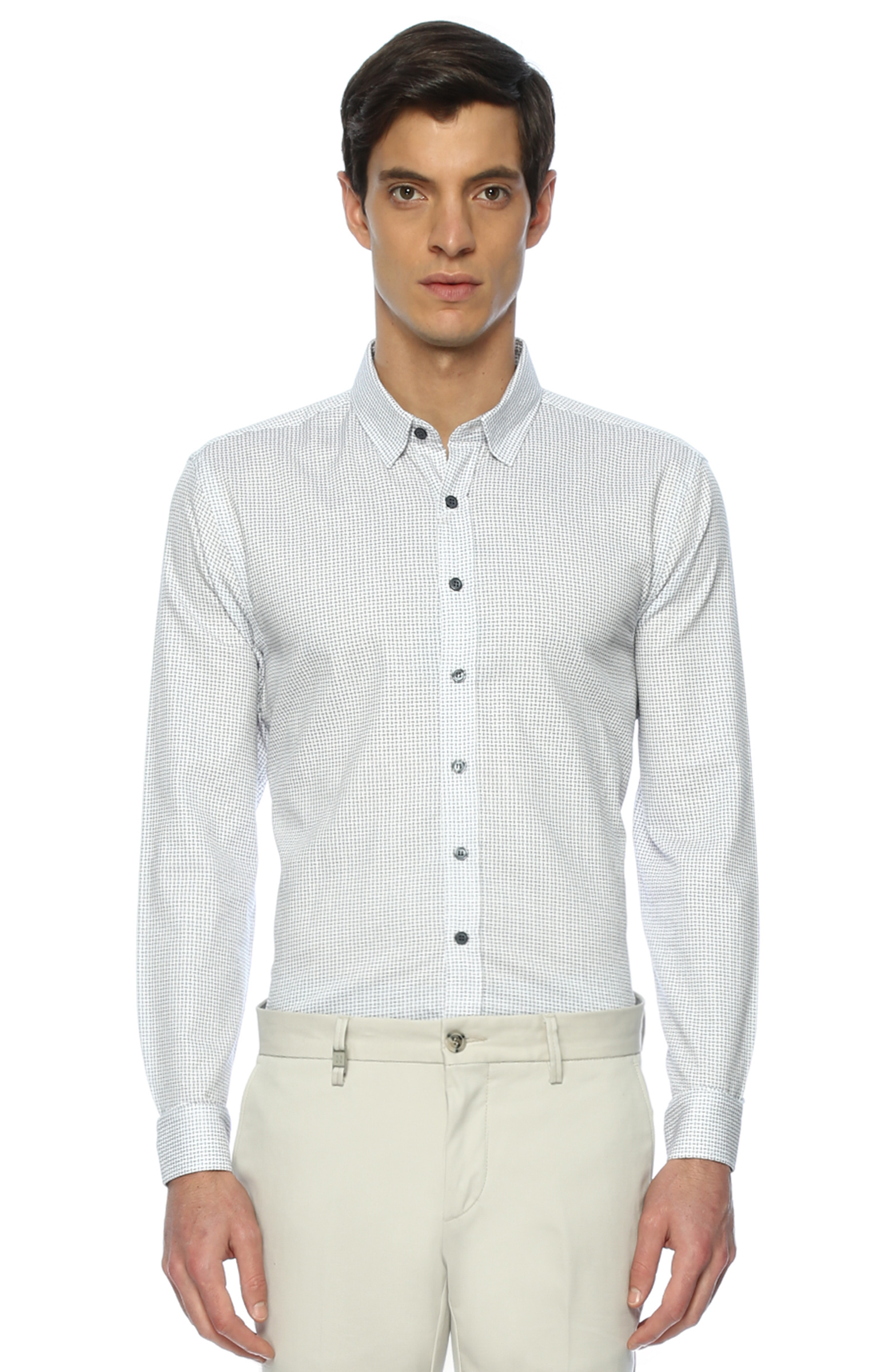 Beyaz Gri Baskılı Gömlek