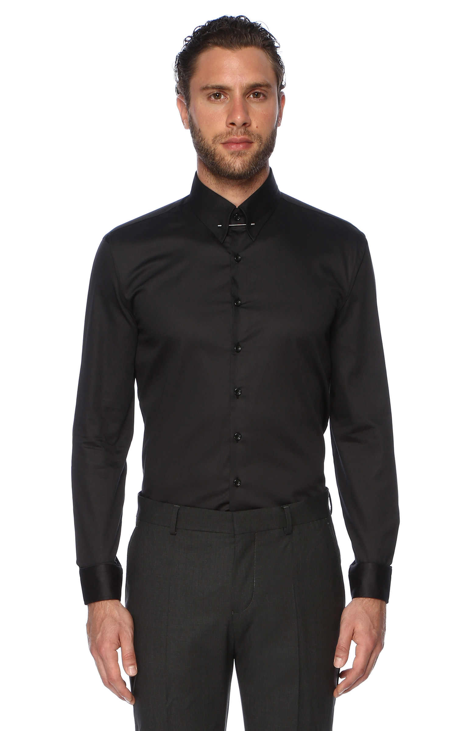 Slim Fit Siyah Yakası Metal Barlı Smokin Gömleği Slim Fit Siyah Yakası Metal Barlı Smokin Gömleği