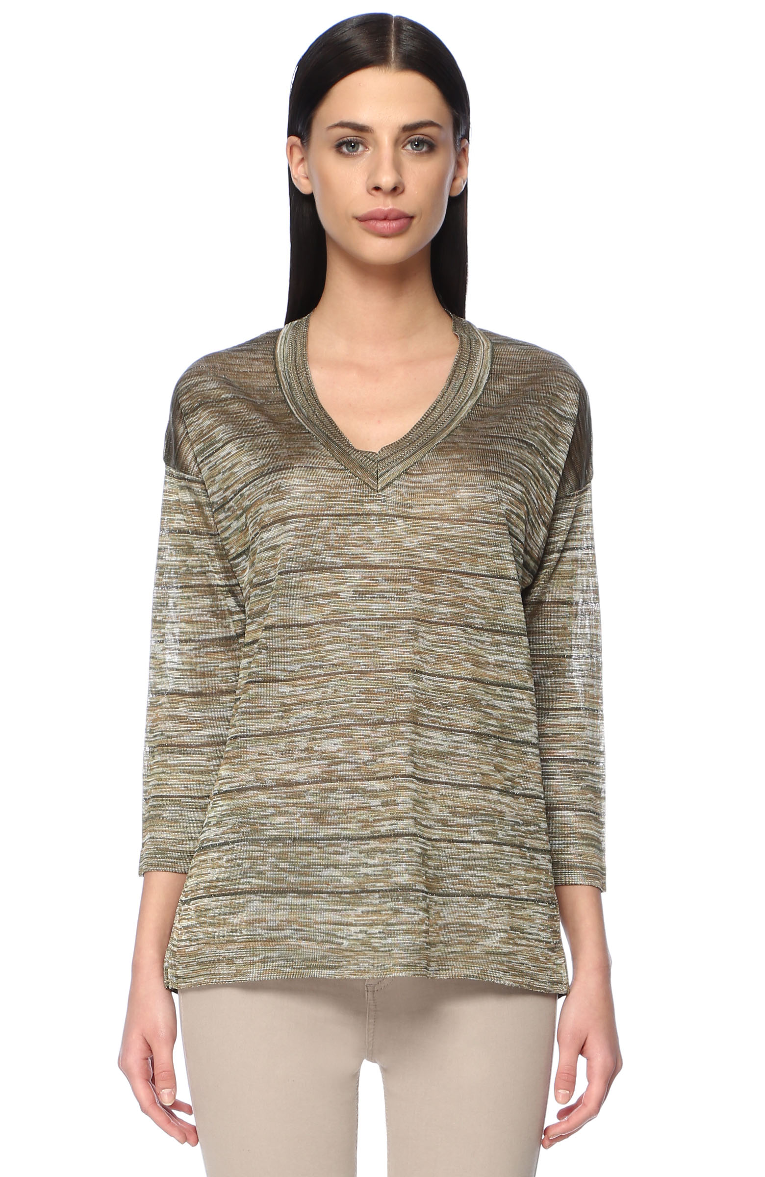 Çizgili Haki Bej Kazak