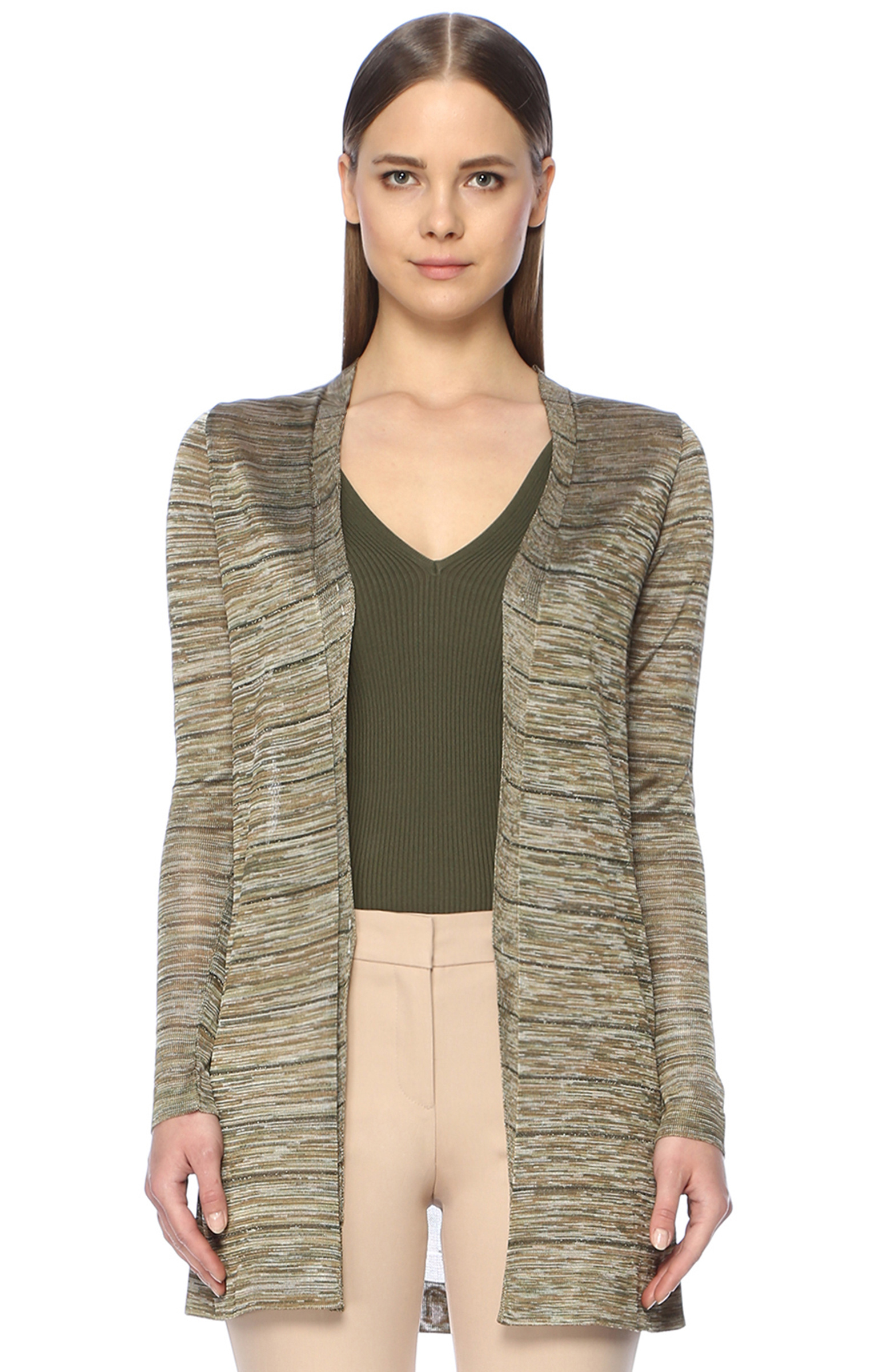 Çizgili Haki Bej Hırka