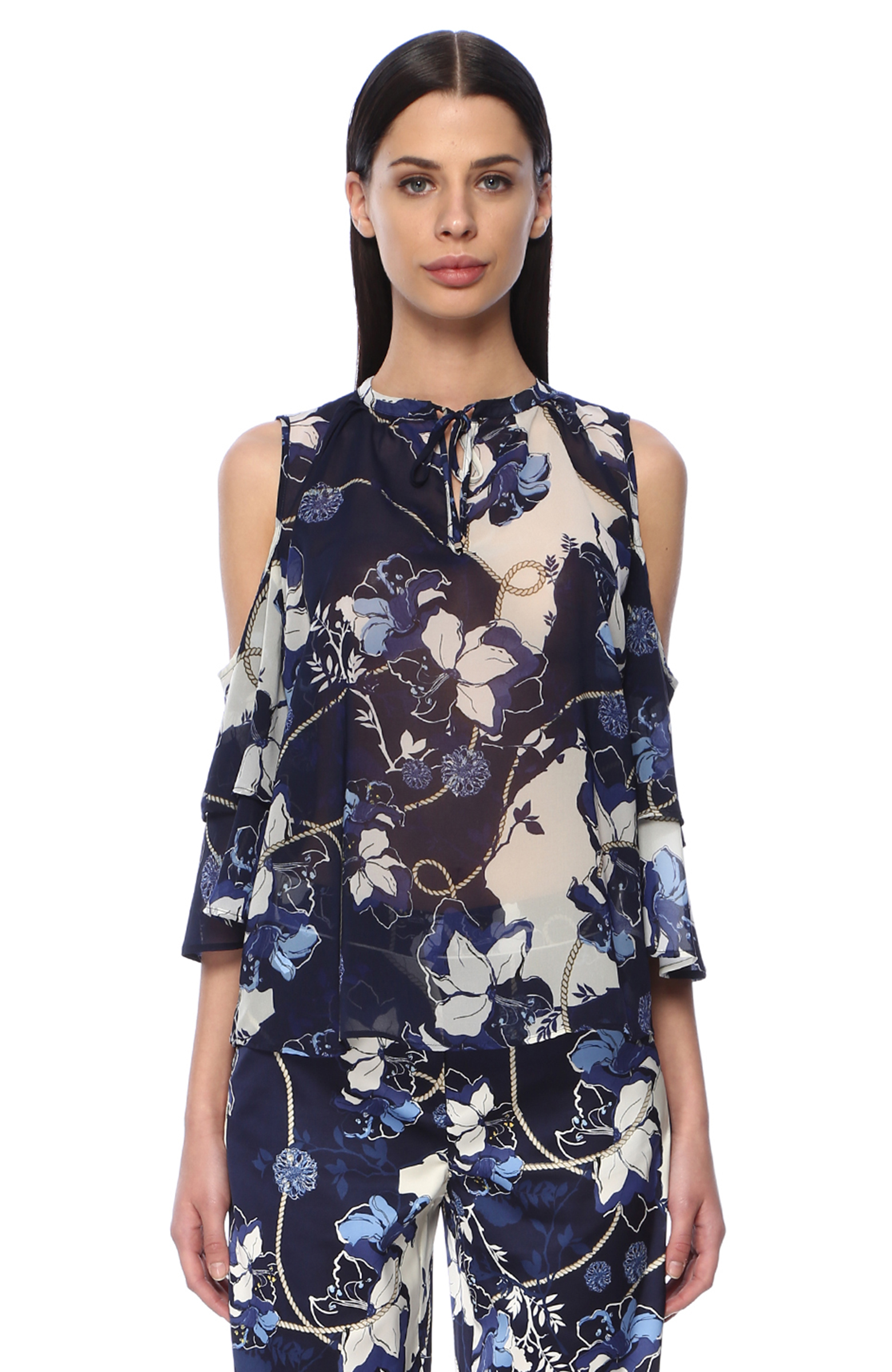 Şifon Mavi Desen Bluz Şifon Mavi Desen Bluz