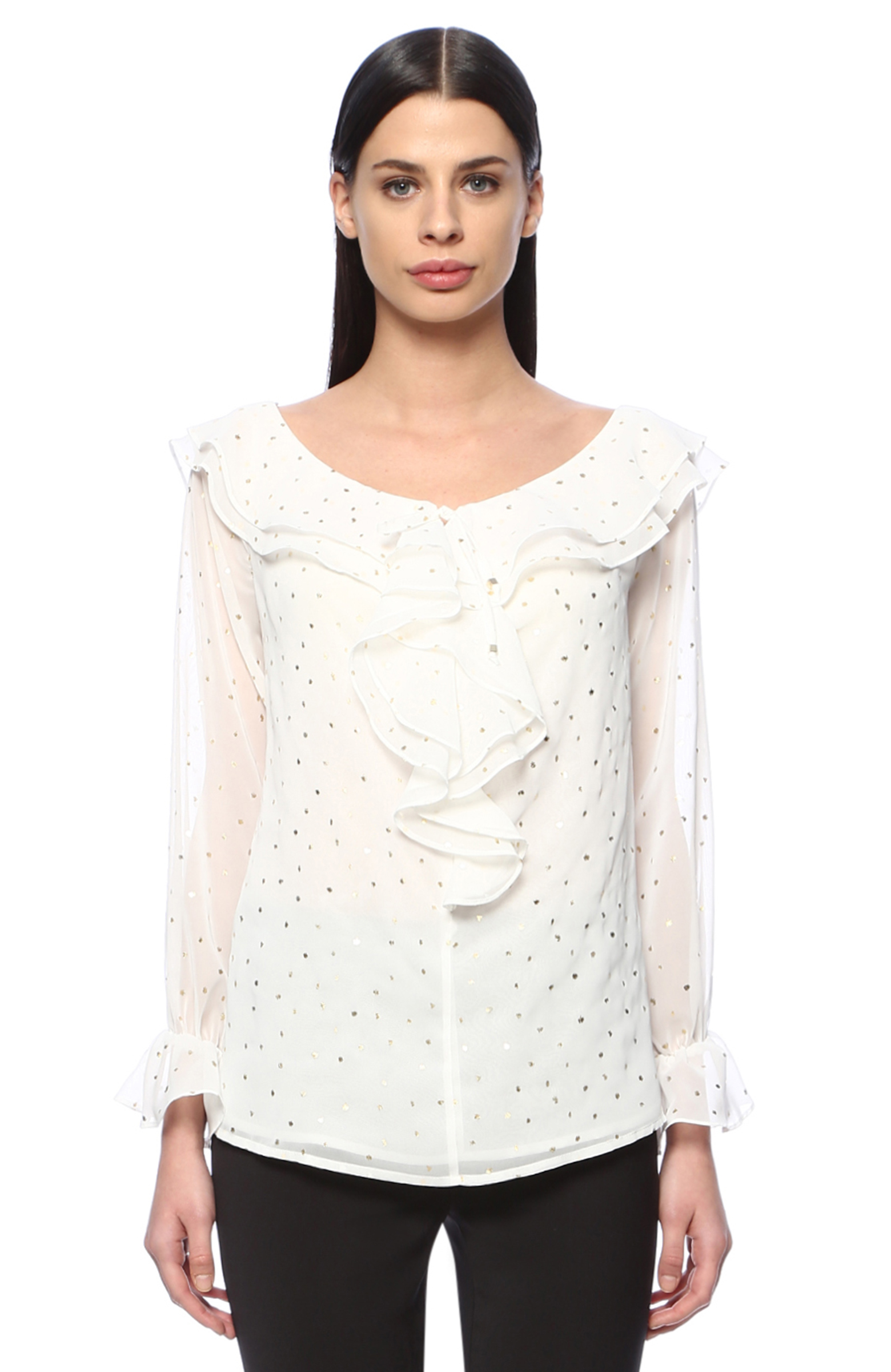 V Yaka Volanlı Ekru Bluz