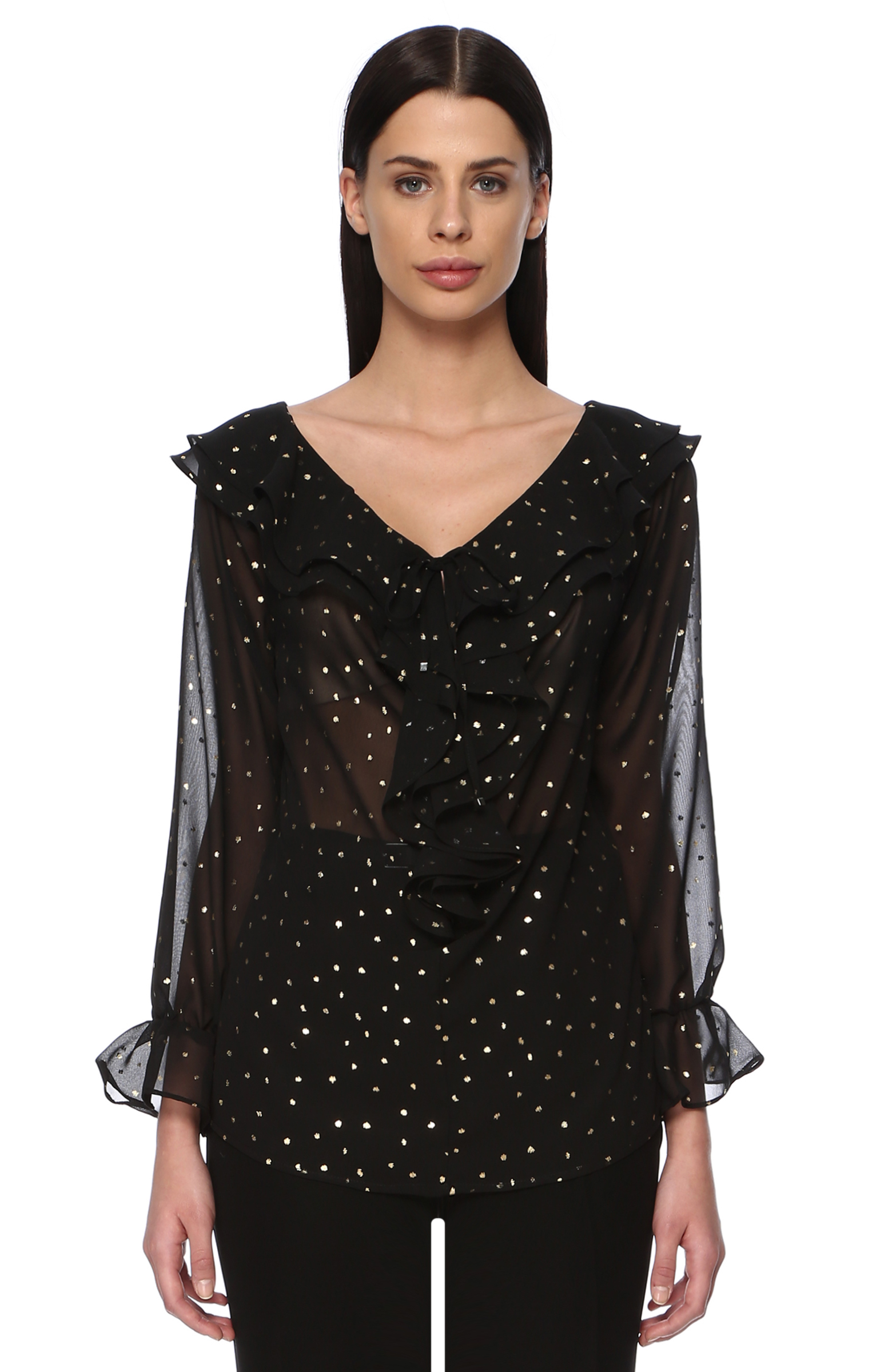 V Yaka Volanlı Siyah Bluz