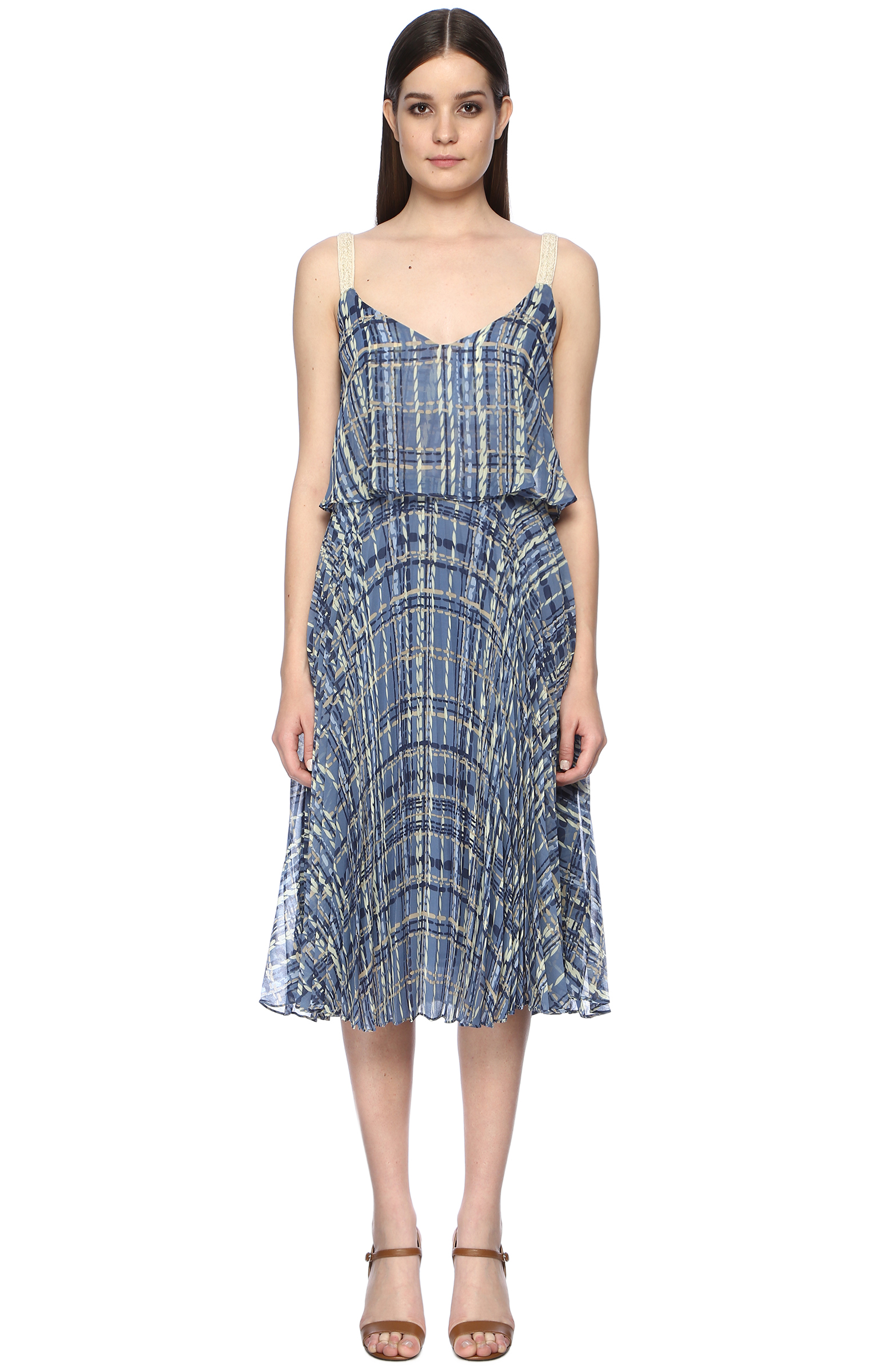 Askılı Mavi Desen Uzun Elbise Askılı Mavi Desen Uzun Elbise