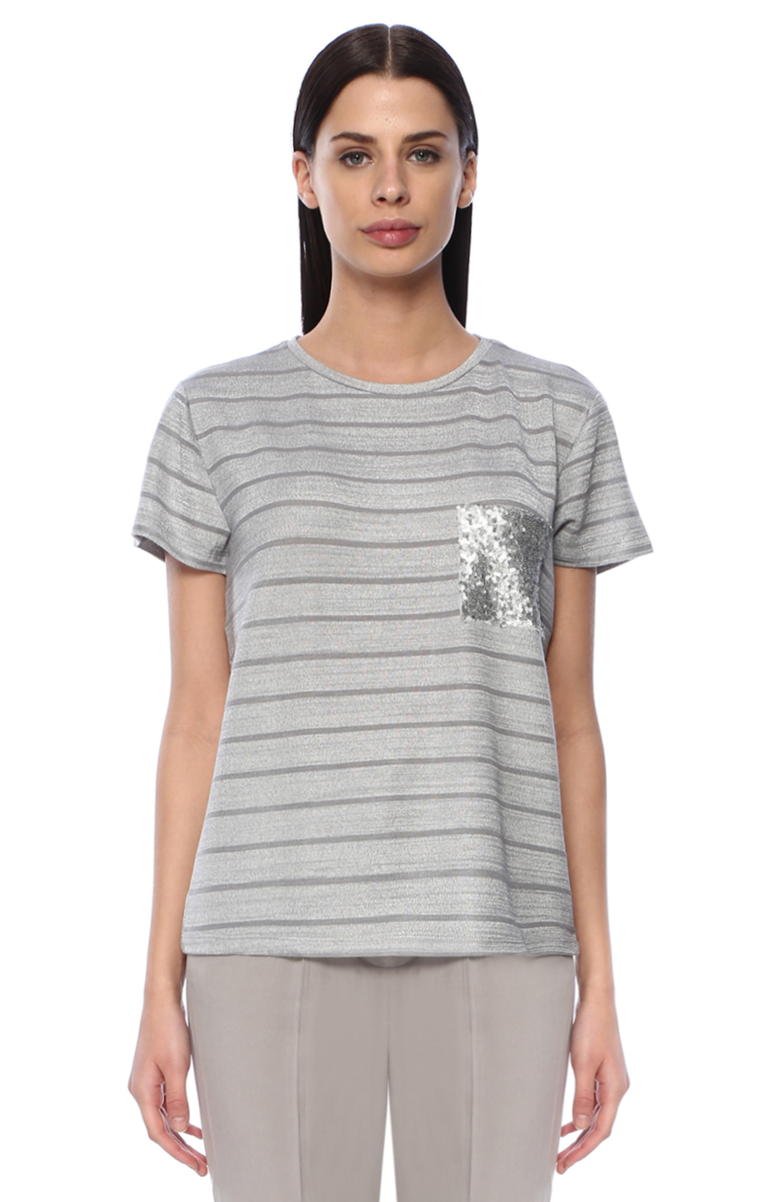 Çizgili Gri Melanj Tshirt