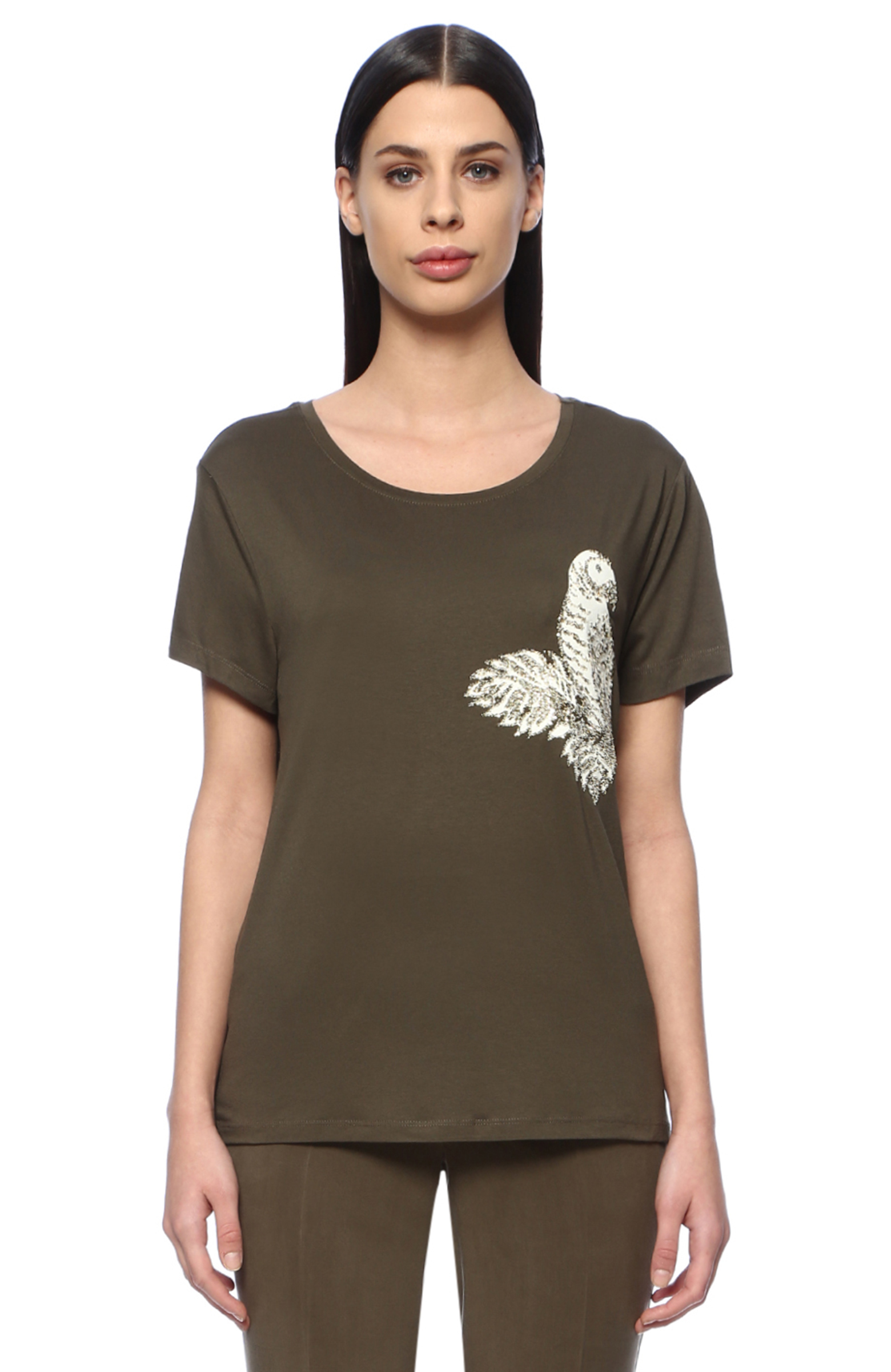 Bisiklet Yaka Papağan İşlemeli Haki Tshirt Bisiklet Yaka Papağan İşlemeli Haki Tshirt