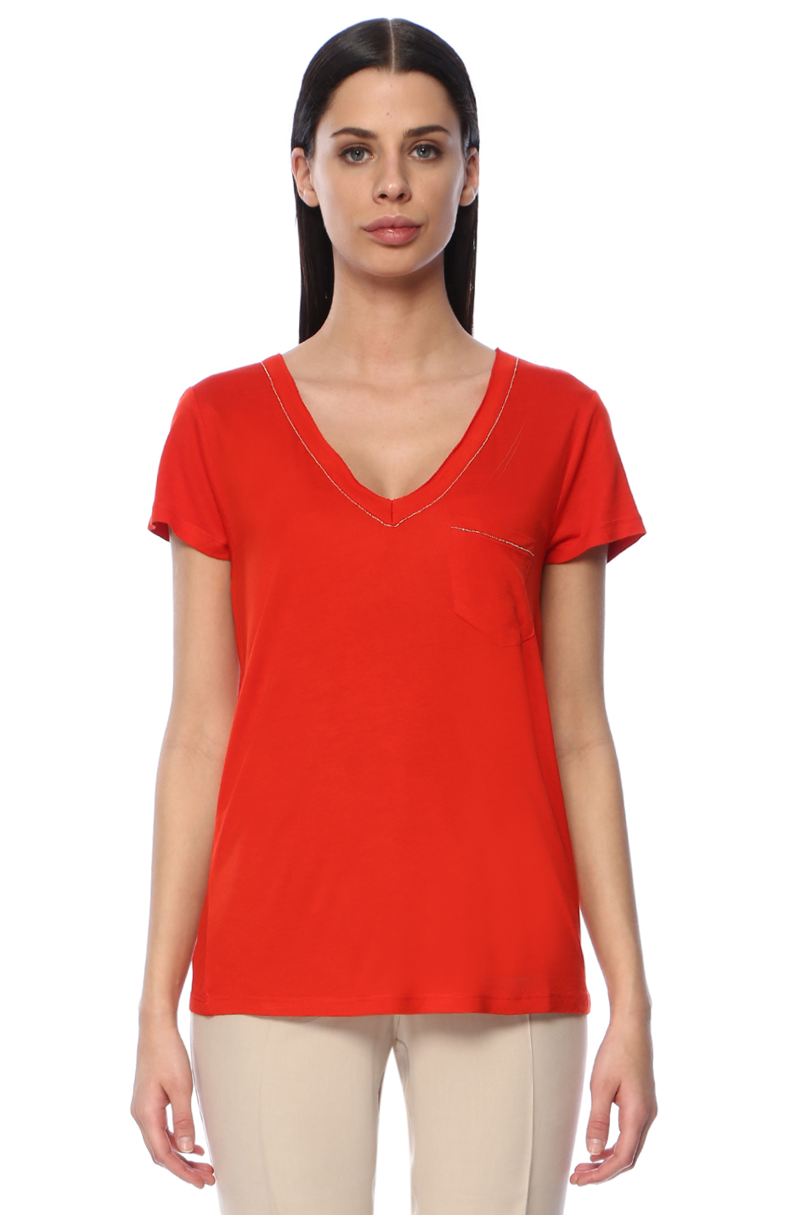 V Yaka Kırmızı Tshirt